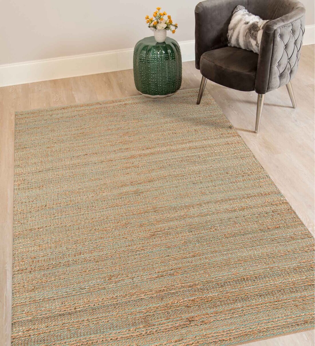 Buy Blue Abstract Jute & Cotton 5 ft x 7 ft Hand Woven Carpet by ...