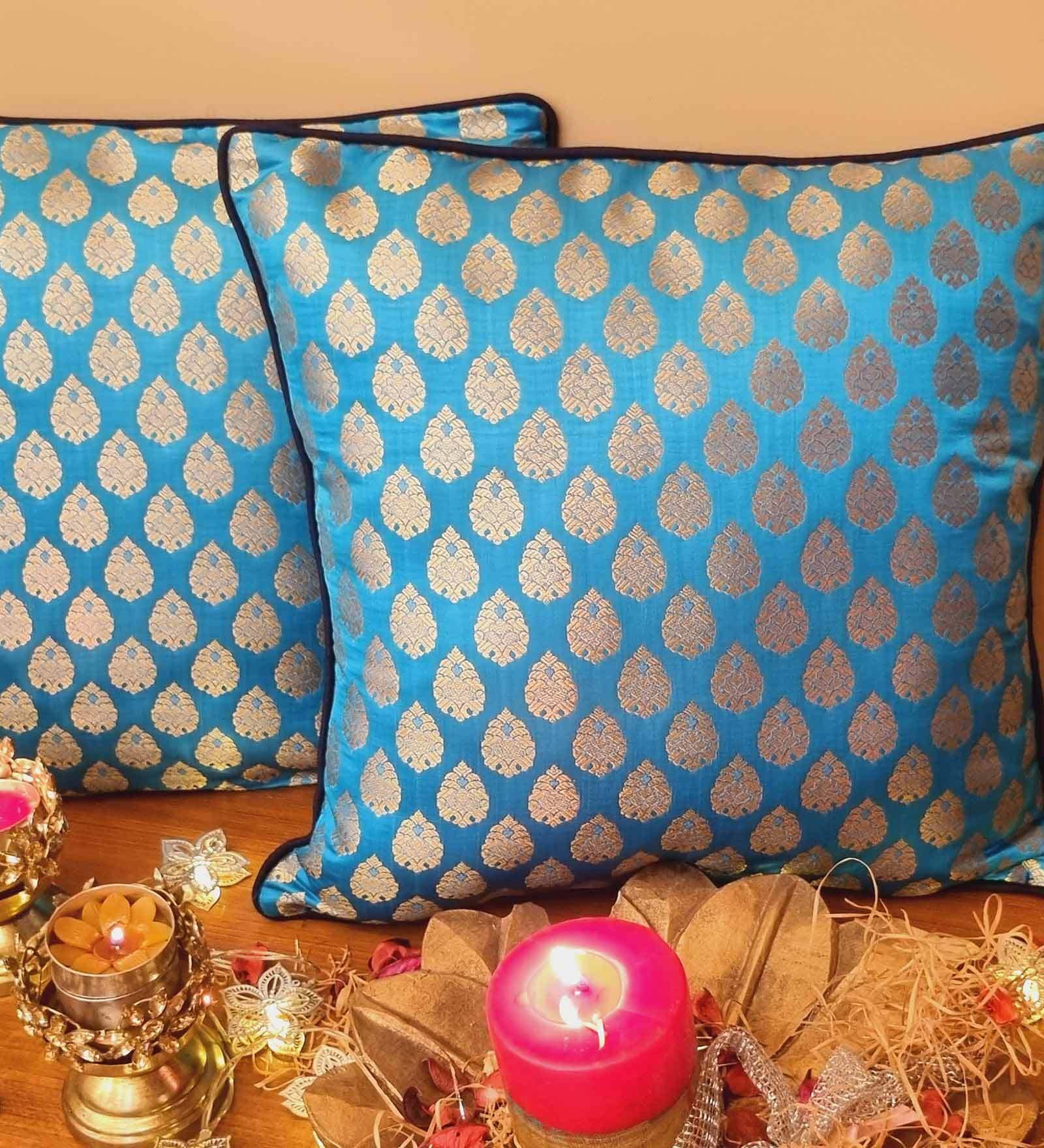 Buy Blue Traditional Blended Silk 12 x 18 Inches Cushion Covers (Set of ...