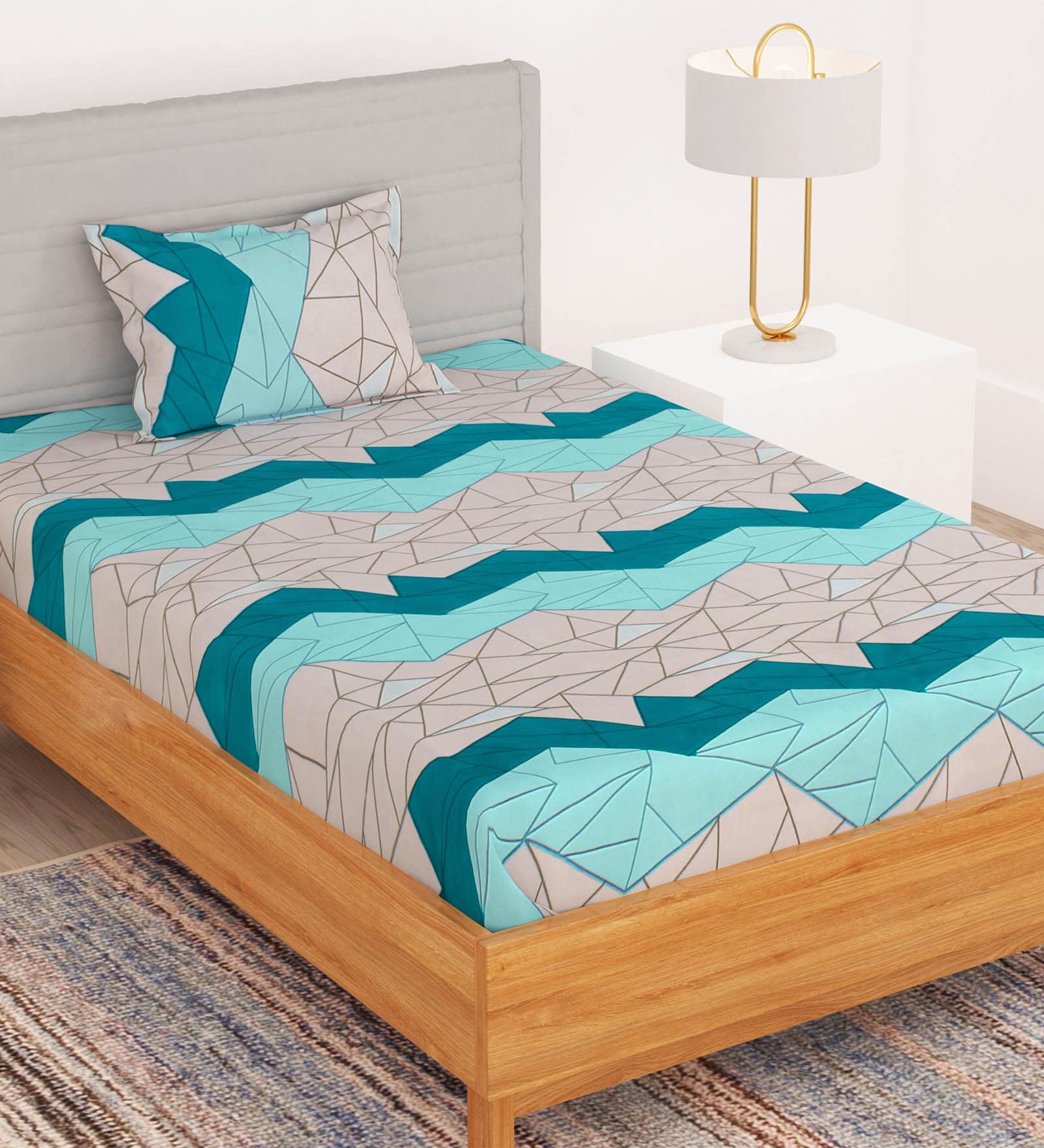 Buy Aqua Geometric 180 TC Microfiber Single Size Bedsheet with Pillow ...