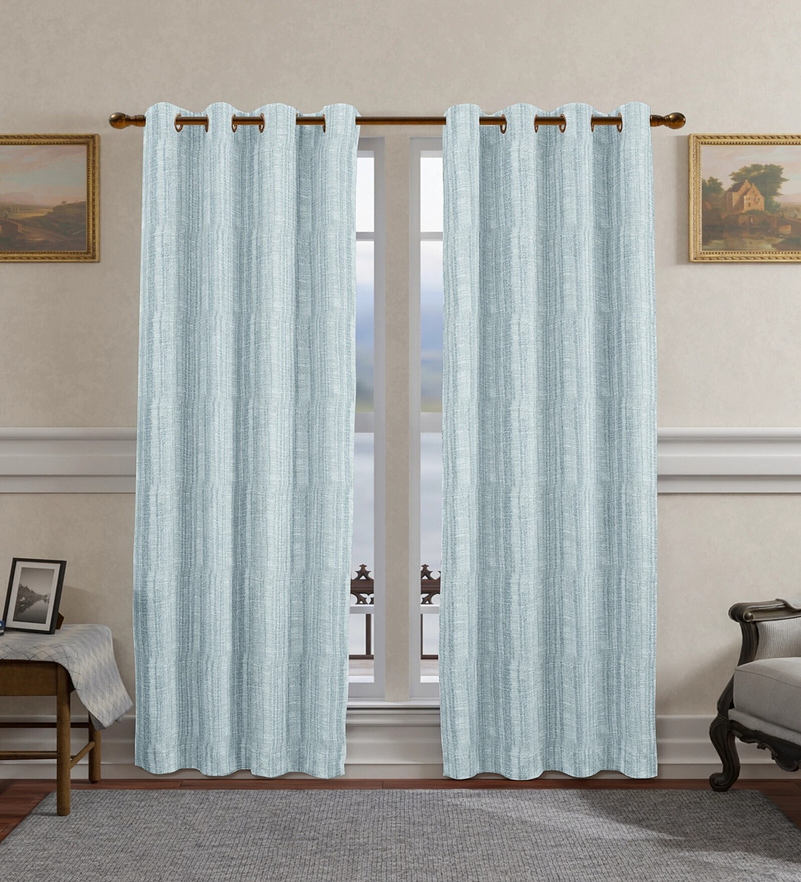 Buy Aqua Poly Cotton Striped 7ft Semisheer Eyelet 2 Pc Door Curtains at ...