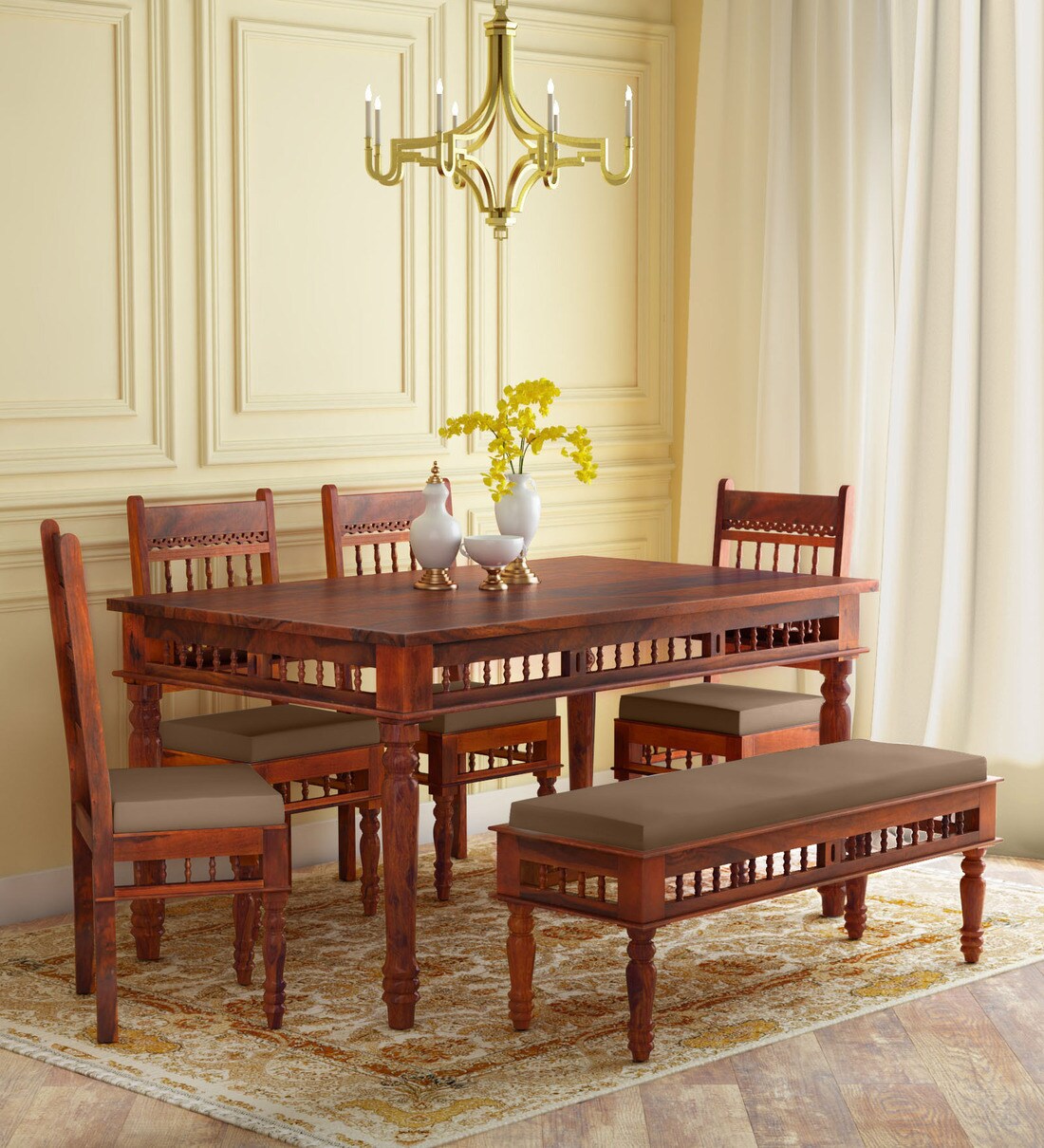 Buy Aramika Sheesham Wood 6 Seater Dining Set In Honey Oak Finish With ...