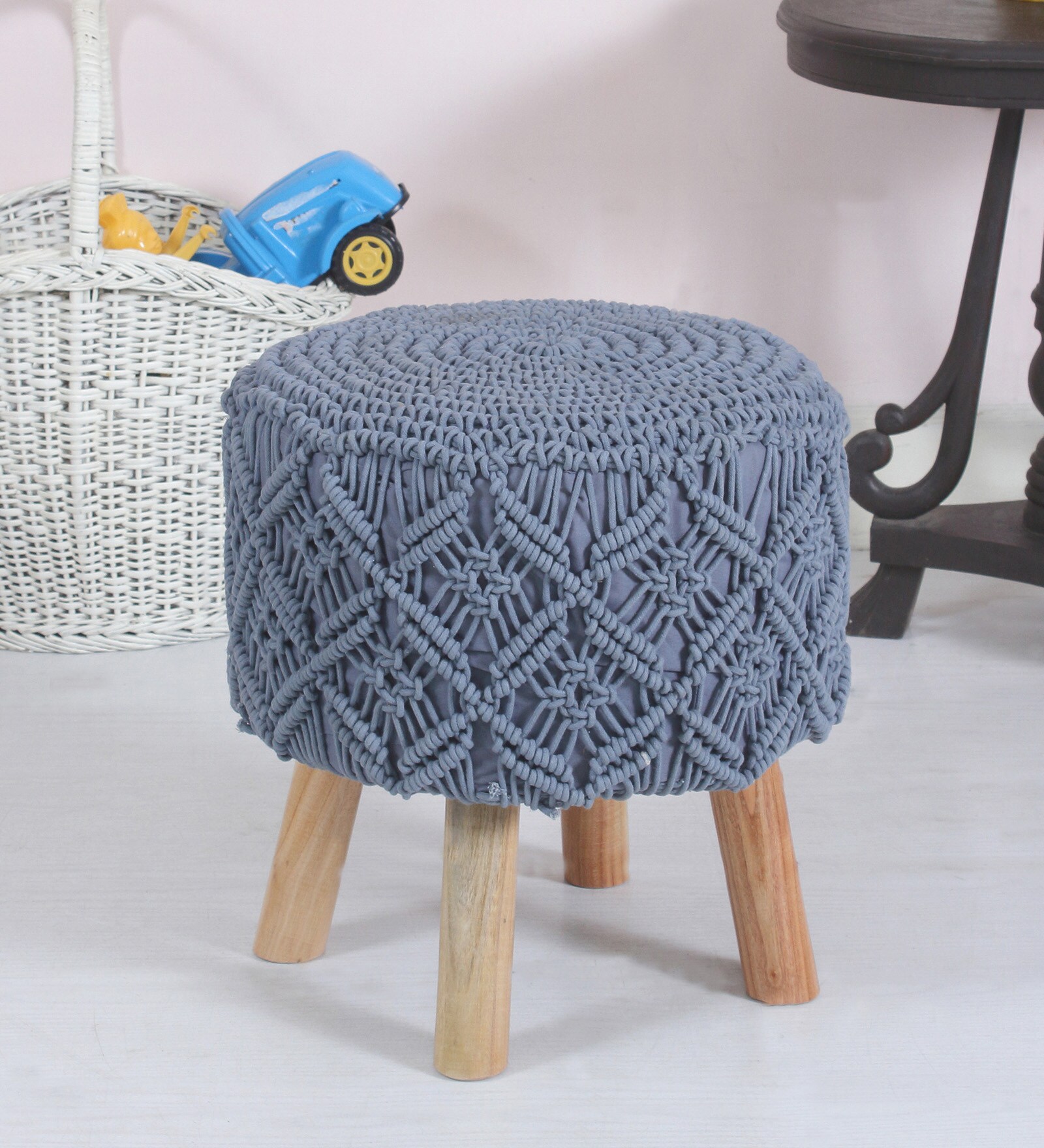 Buy Arivu Macrame Ottoman In Steel Grey Colour at 4% OFF by Bohemiana ...