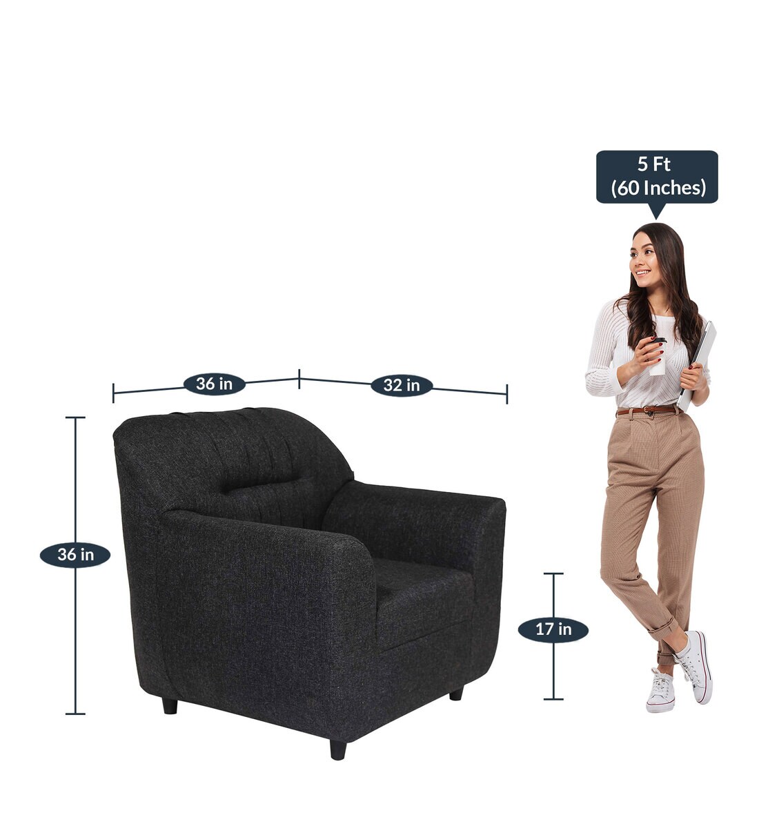 Buy Ashen Fabric 1 Seater Sofa in Charcoal Grey Colour by Fine Group ...