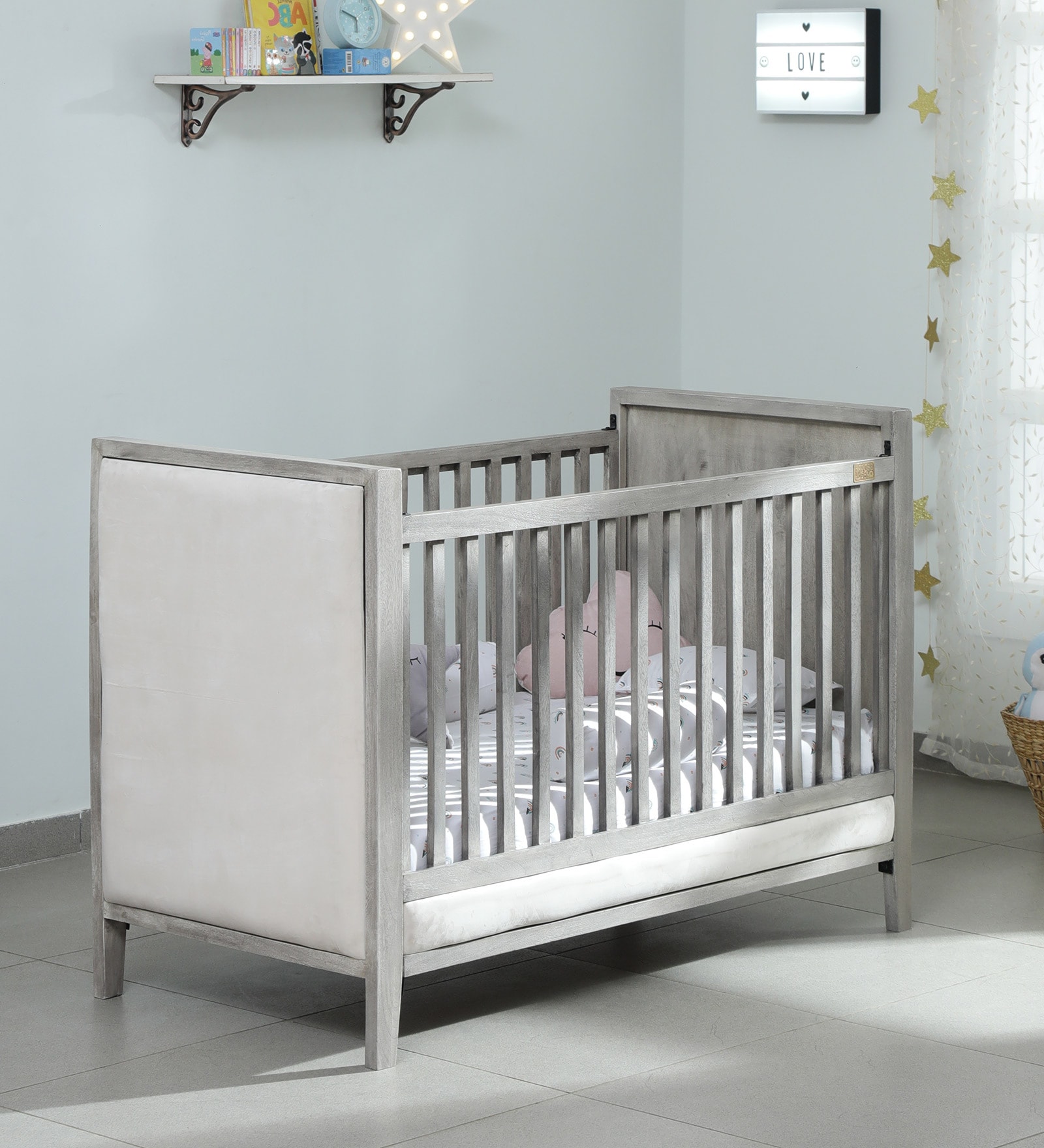 Buy Ash Grey Collection Solid Wood Crib in Grey Colour Cushioned Side ...