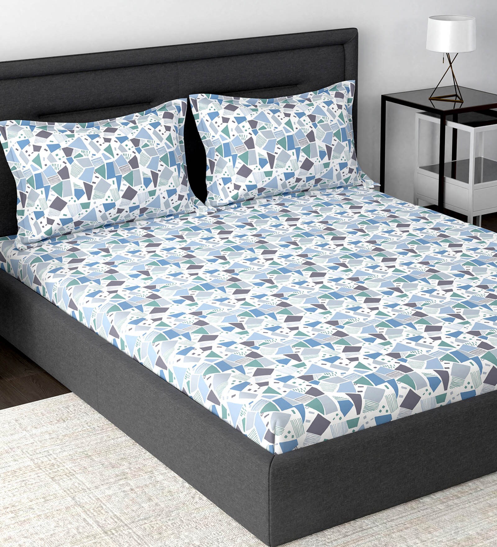 Buy Blue Geometric 210 TC Cotton 1 Double Bedsheet with 2 Pillow Covers ...