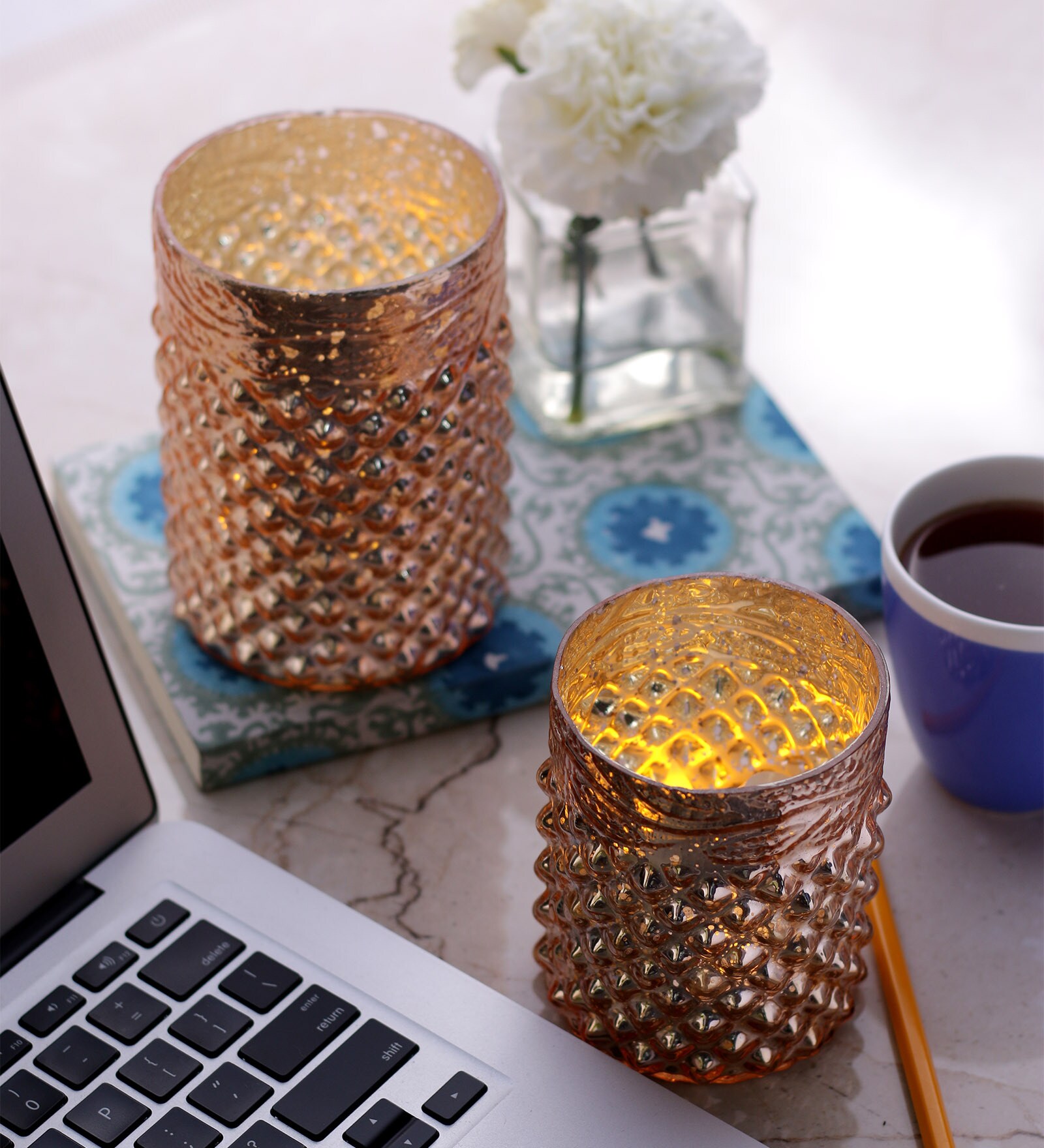 Buy Ashwa Gold Glass Bevelled Designer Bell Cylindrical Votive - Set of ...