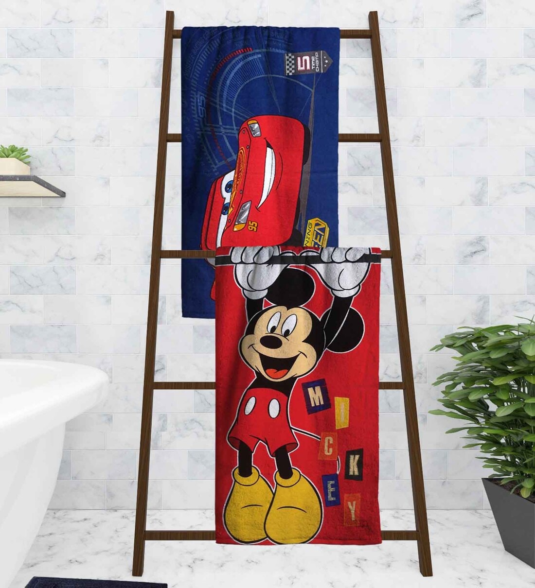Buy Disney Red Mickey Mouse & MCQueen Blue Cars Kids 350 GSM Cotton Bath Towel (Set of 2) by ...