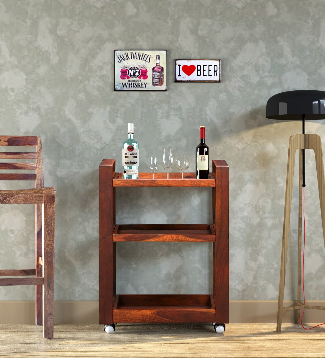 Buy Avian Sheesham Wood Bar Trolley in Honey Oak Finish Online - Bar ...