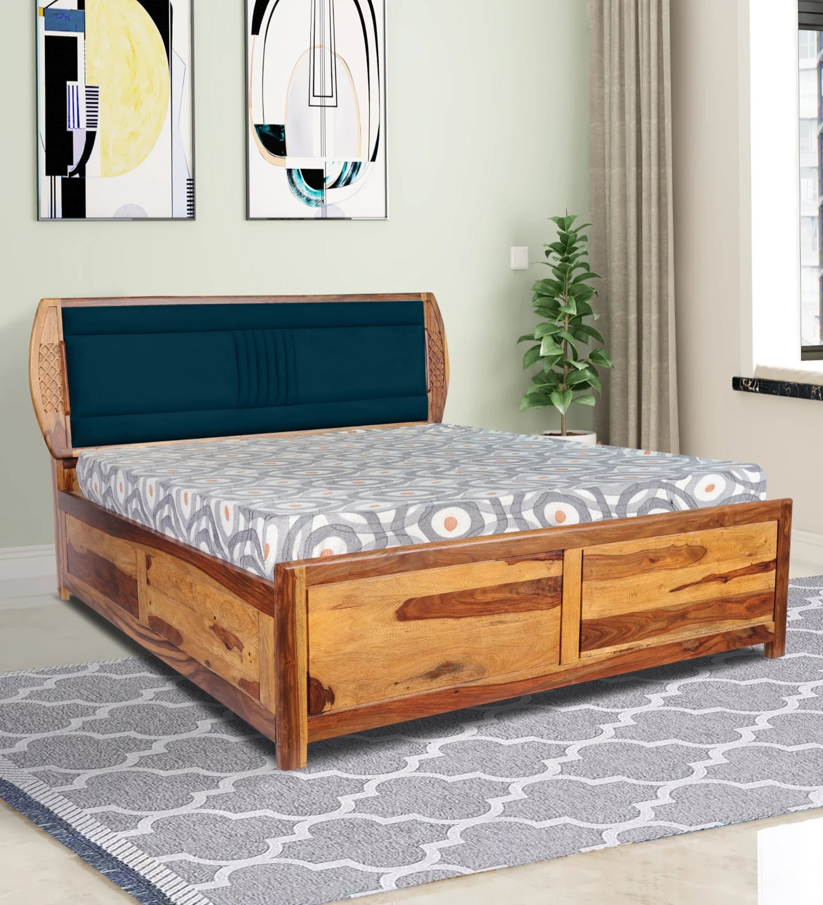 Buy Aveon Sheesham Wood King Size Bed In Crowberry Blue And Provincial ...