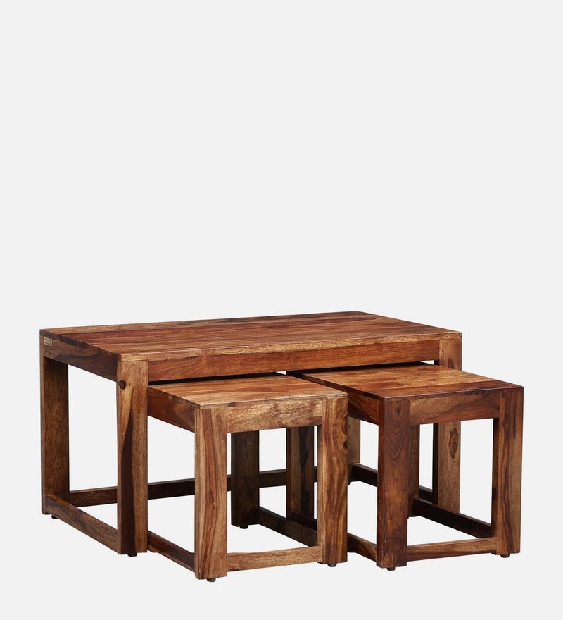 Buy Avian Sheesham Wood Nesting Coffee Table Set in Rustic Teak Finish With Stools by Woodsworth ...