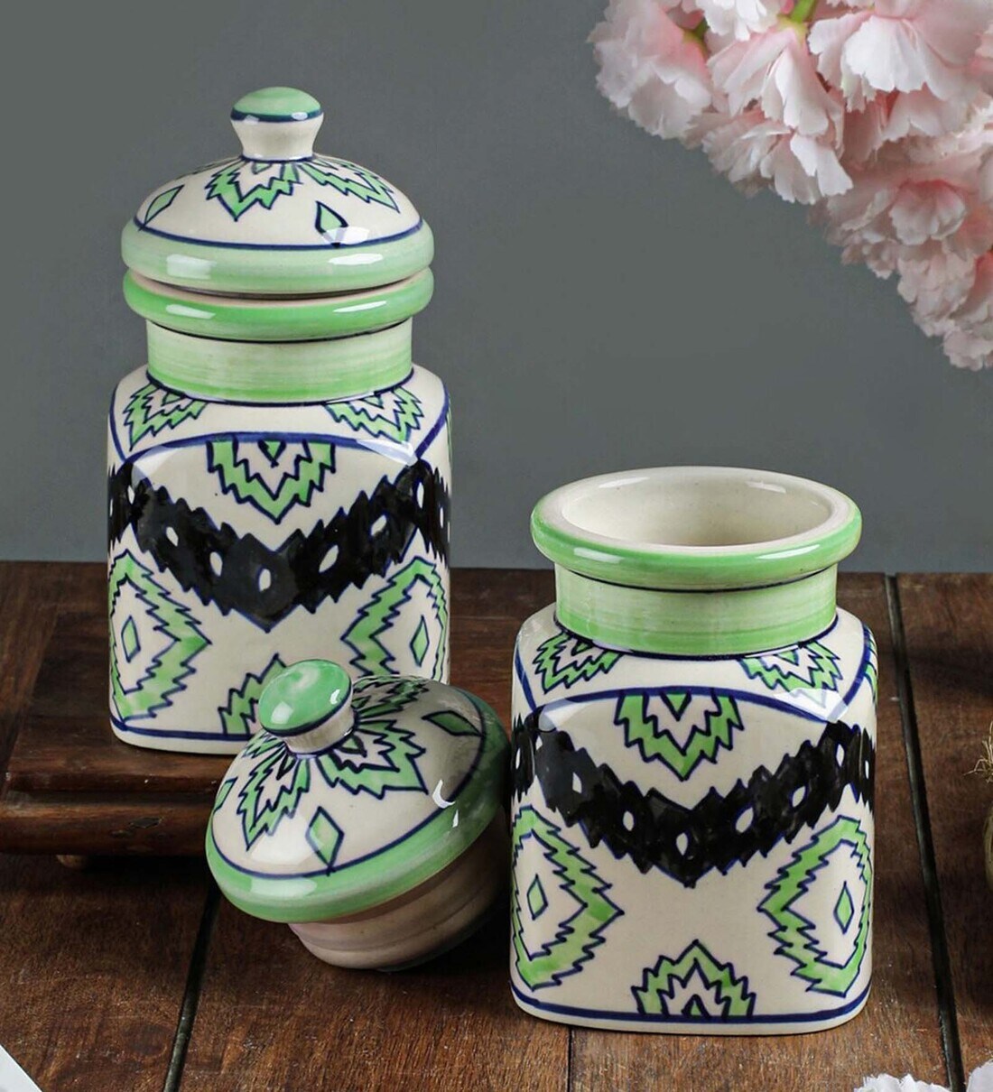 Buy Aztec Green & Black 400ml (Set of 2) Ceramic Storage Jar by ...