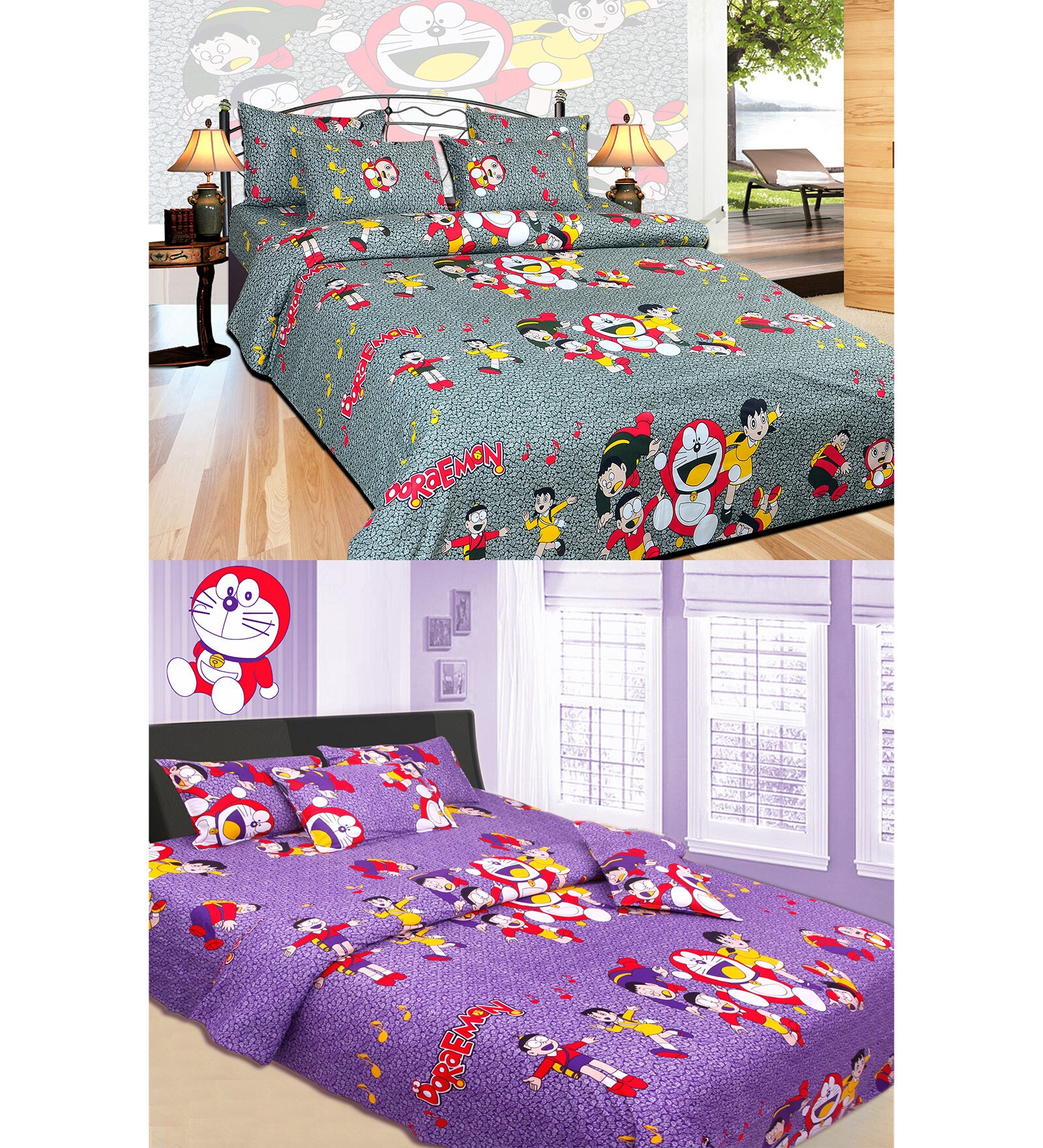 Buy Azaani Multicolor Cotton Doraemon Bedsheet Set (with Pillow Covers ...