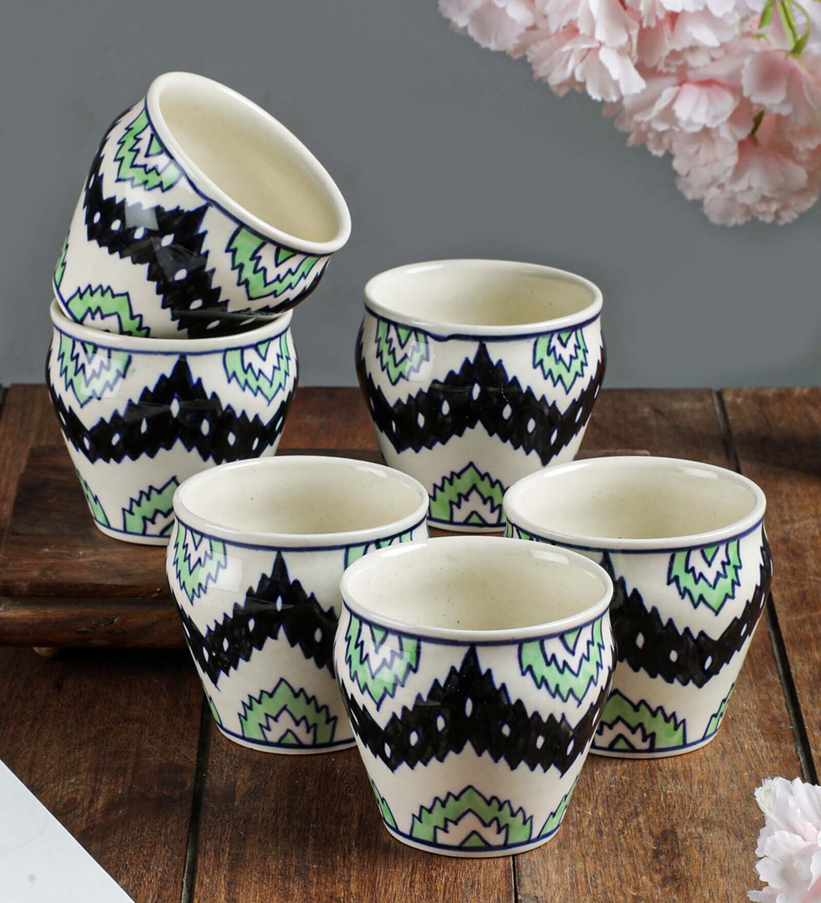 Buy Aztec 170ml White & Green Ceramic (Set of 6) Tea Khullad at 40% OFF ...