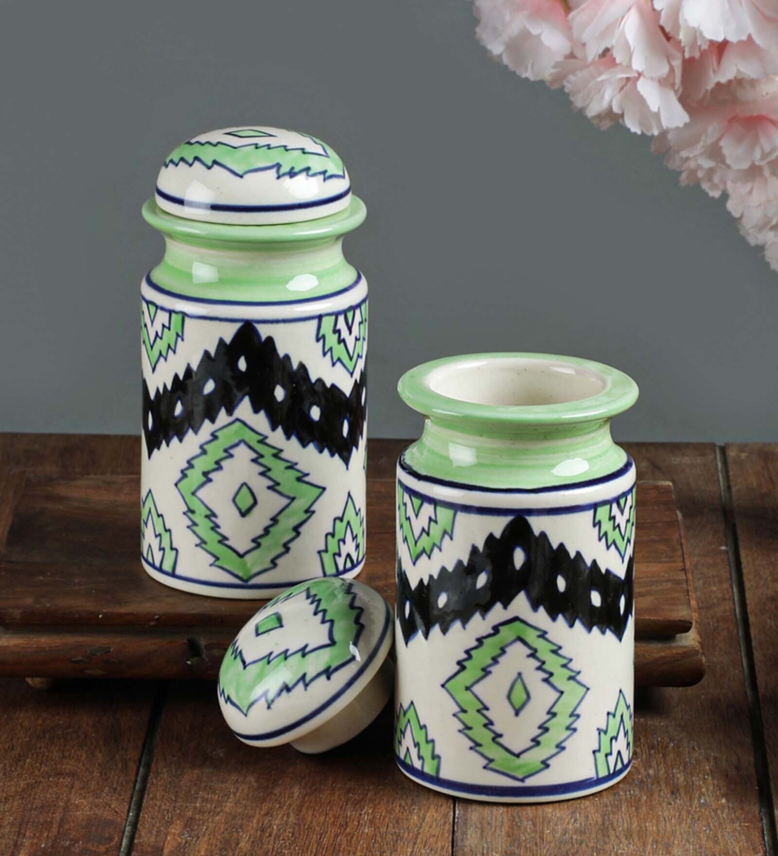 Buy Aztec Green & Black 275ml (Set of 2) Ceramic Storage Jar by ...