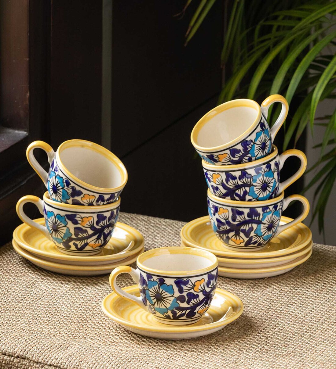 Buy Badamwari Bagheecha 120ml Blue & Yellow Ceramic (Set of 12) Tea Cup ...