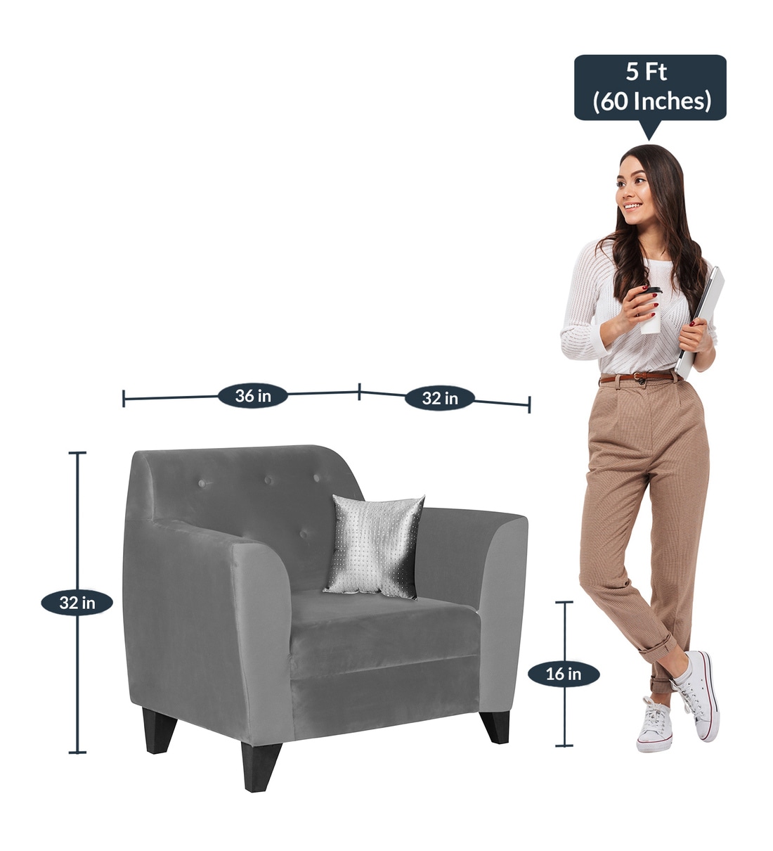 Buy Bali Velvet 1 Seater Sofa in Grey Colour by Trevi Furniture Online ...