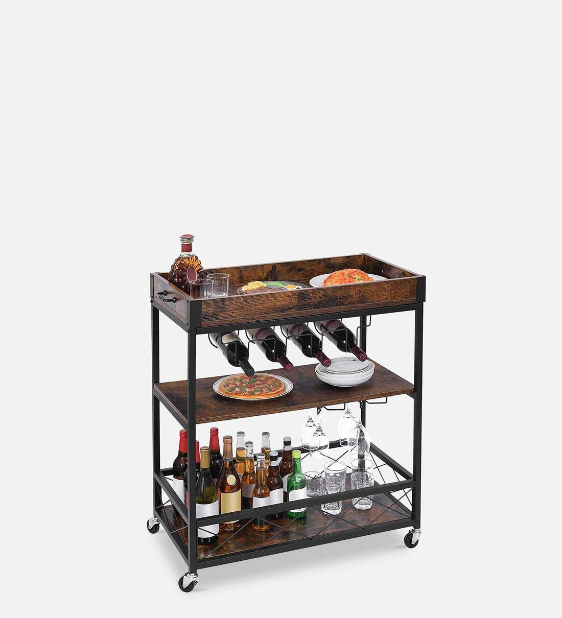 Buy Bar Trolley in Brown Colour by Craftatoz Online - Bar Trolleys ...