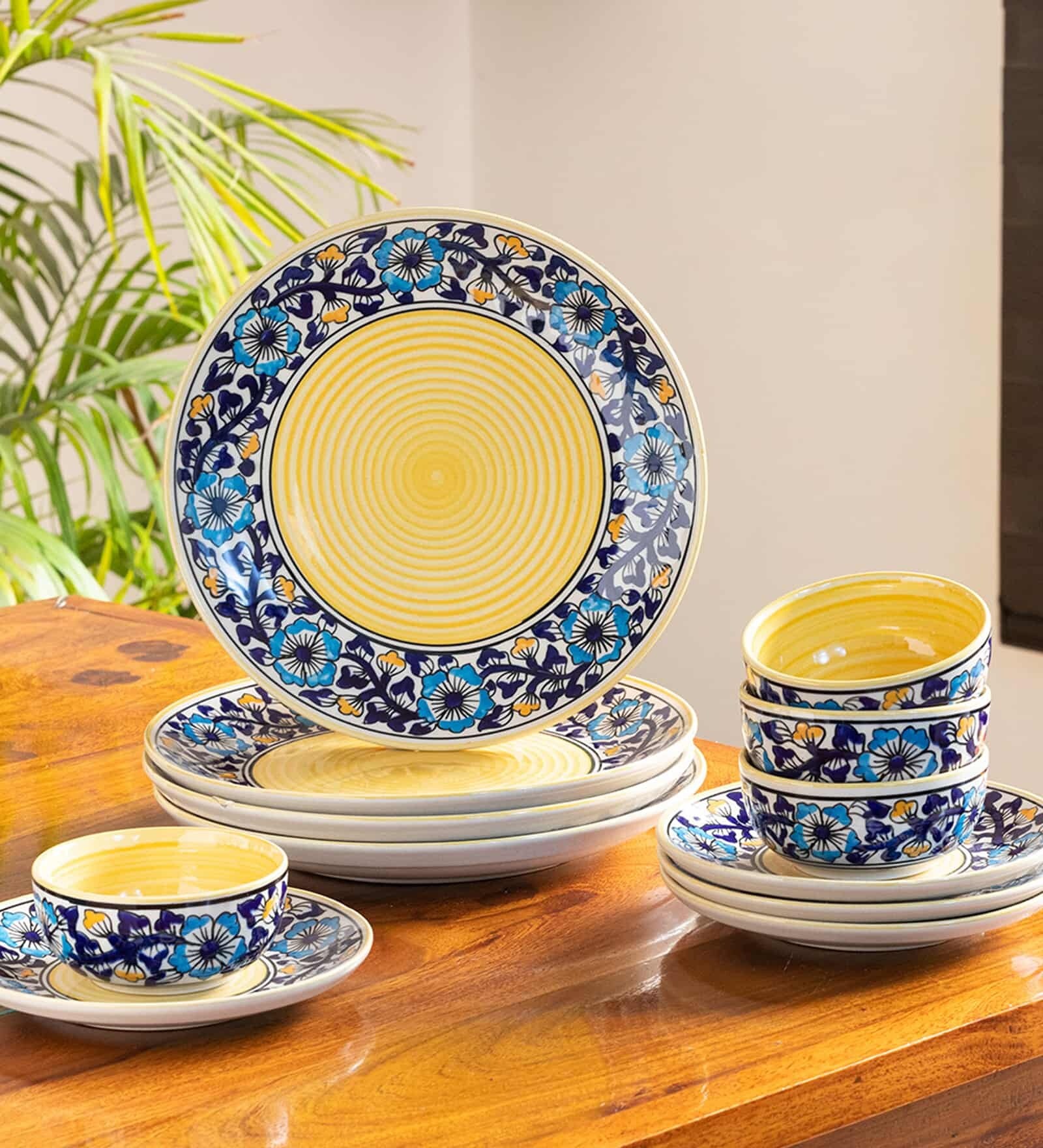 Buy Badamwari Bagheecha 12 Pcs Yellow & Blue Ceramic Dinnerware Set at 49% OFF by ExclusiveLane ...