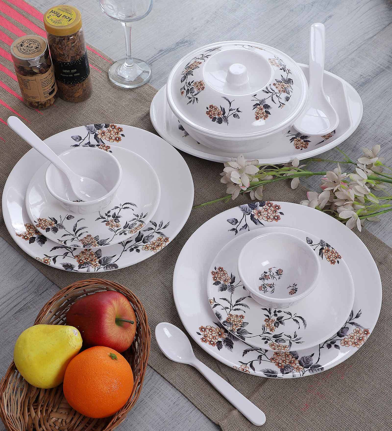 Buy Leafy Flora 40 Pcs White & Black Melamine Dinnerware Set at 69% OFF ...