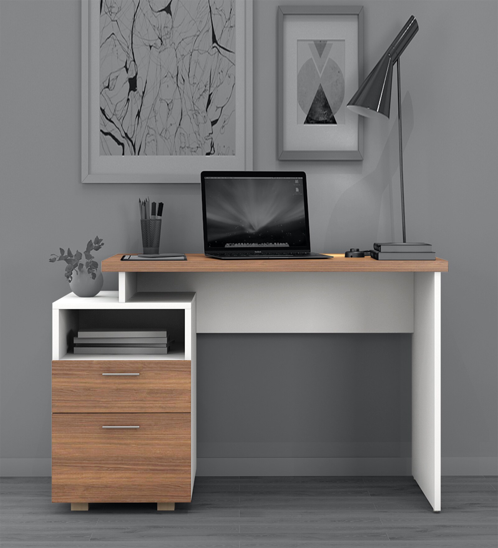 Buy Barkley Writing Table in Matte Frosty White & Walnut Brown Finish ...