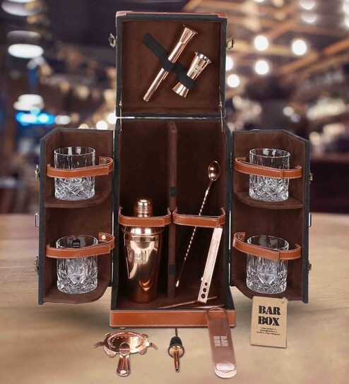 Buy All-In-One Metal Bar Cabinet in Dark Leather & Matt Gold Finish With Built-In 30L Godrej ...