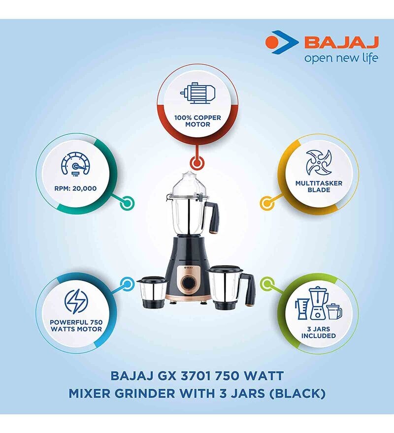 Buy Bajaj GX-3701 Mixer Grinder 750W with 3 Jars in Black Colour Online ...