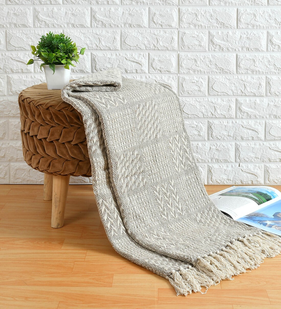 Buy Beige Geometric Cotton 70x50 Inch Sofa Throw by Sheen decor at 47% ...