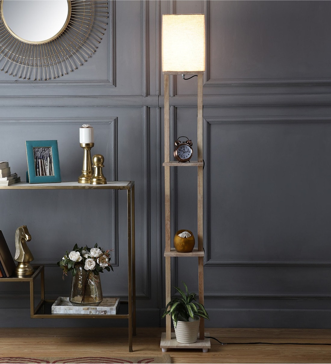 Buy Mordern Beige Fabric Shade Shelf Floor Lamp With Wood Base at 45% ...