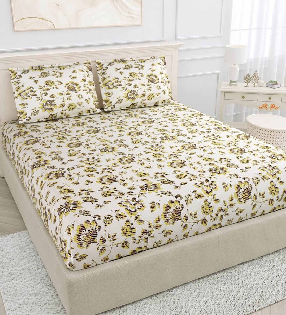 Buy Beige Floral 144 Tc Cotton King Sized Bed Sheets With 2 Pillow