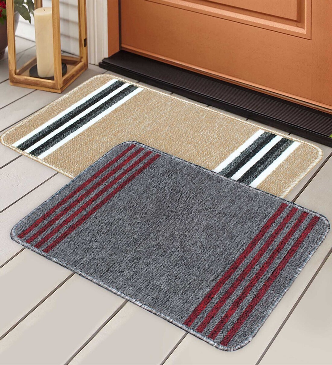 Buy Beige & Grey Geometric Nylon 37x57 Inches Stain Resistant (Set of 2 ...