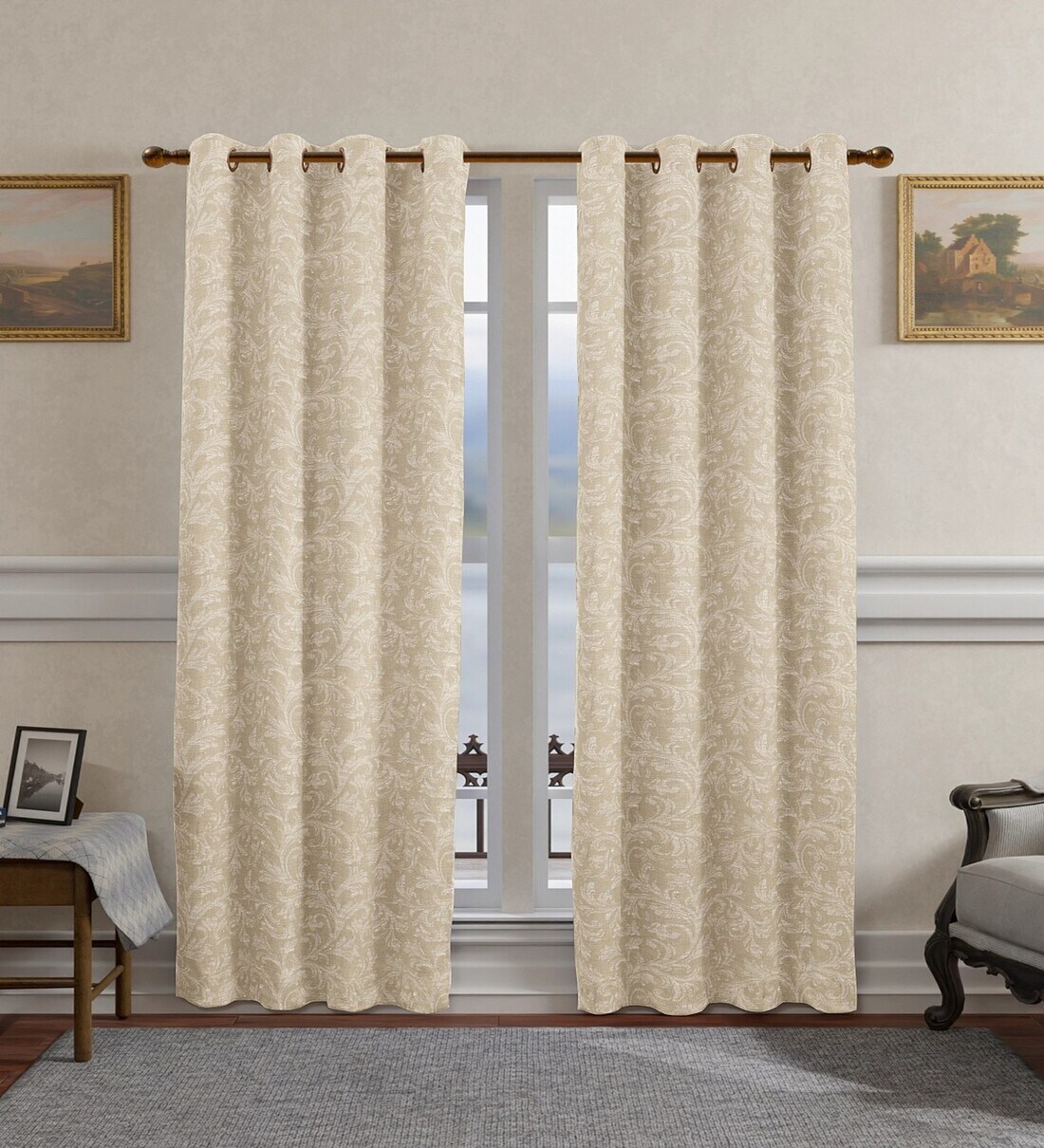 Buy Beige Poly Cotton Floral 5ft Semisheer Eyelet 2 Pc Window Curtains ...