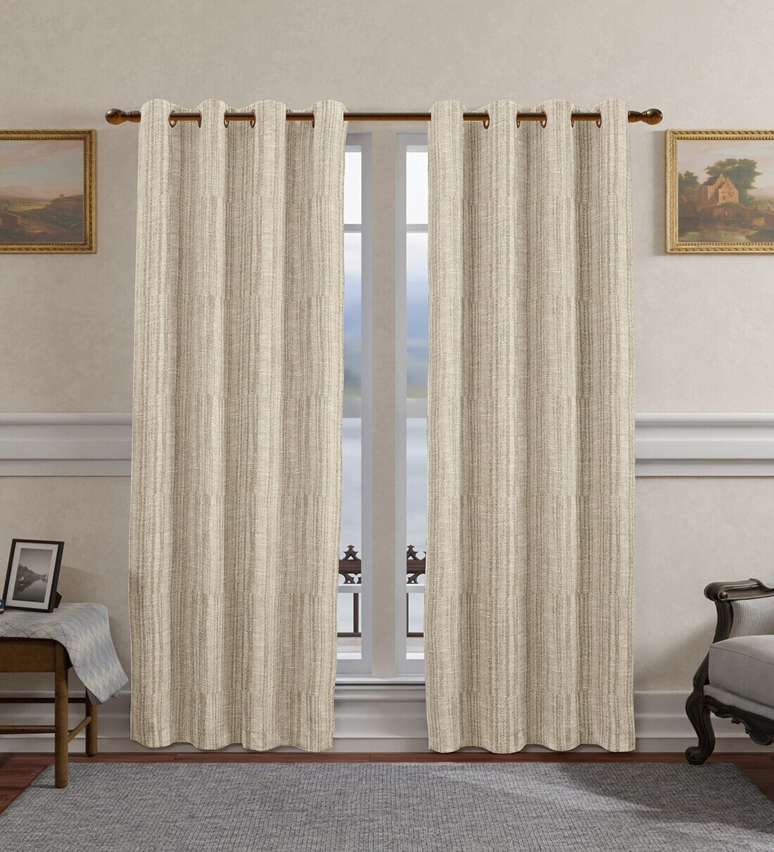 Buy Beige Poly Cotton Striped 5ft Semisheer Eyelet 2 Pc Window Curtains ...