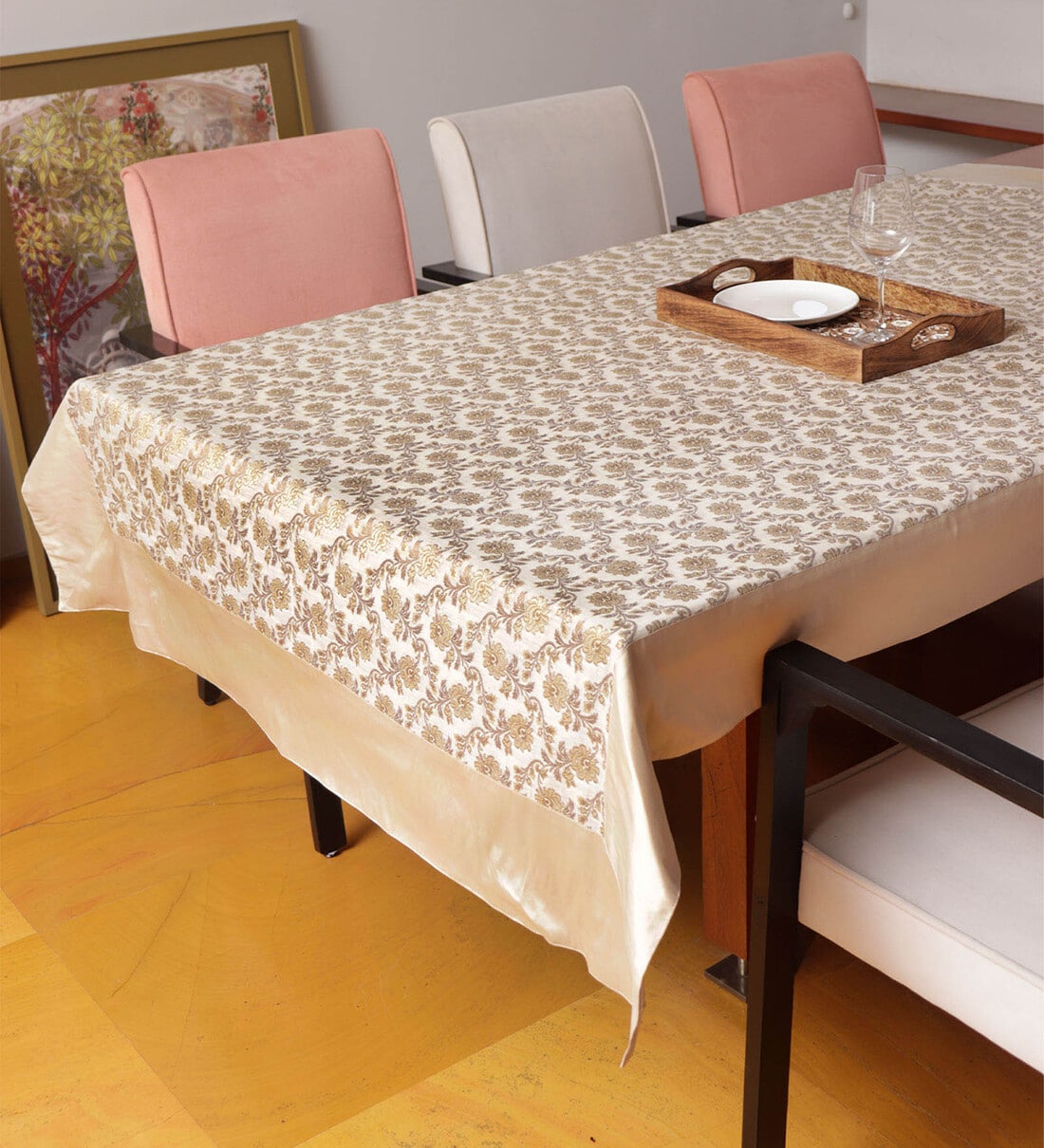 Buy Zeba (84x52) Beige & White Poly Silk Table Cloth at 100% OFF by ...