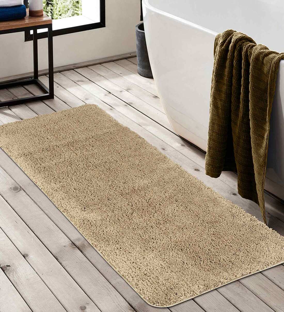 Buy Beige Solid 100% Polyester 59x23.6 Inches AntiSkid Bath Mat by ...