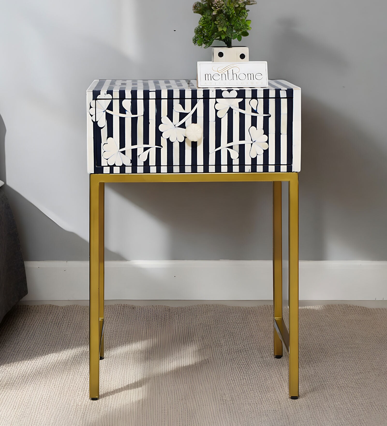 Buy Sovereign Bone Inlay Bedside Table In Navy Blue Colour at 20% OFF ...