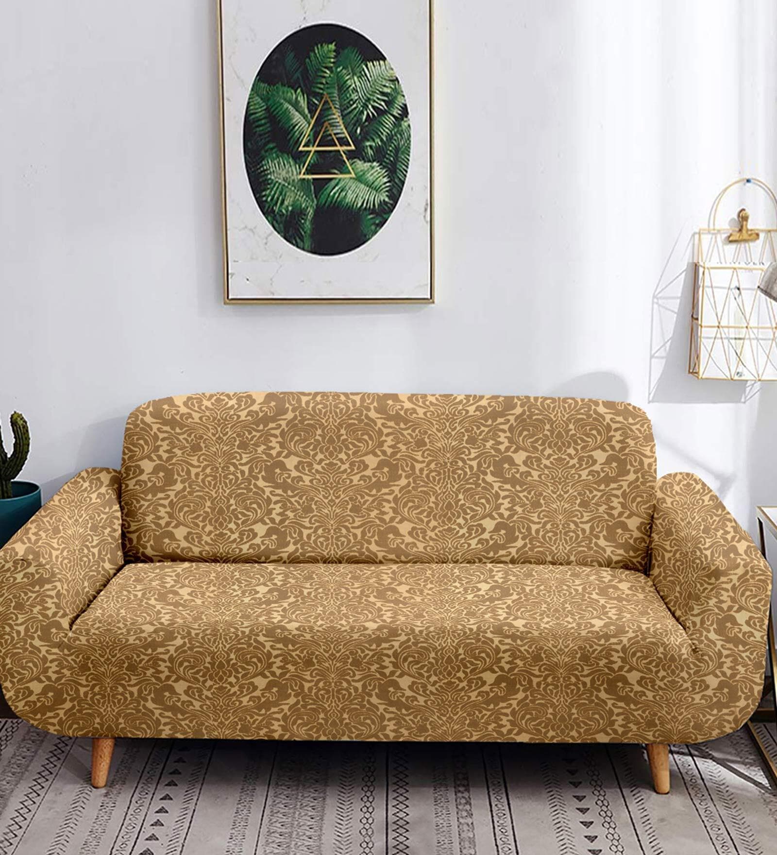 Buy Beige Abstract Polyester 118x91 Inches 4 Seater Sofa Cover by ...