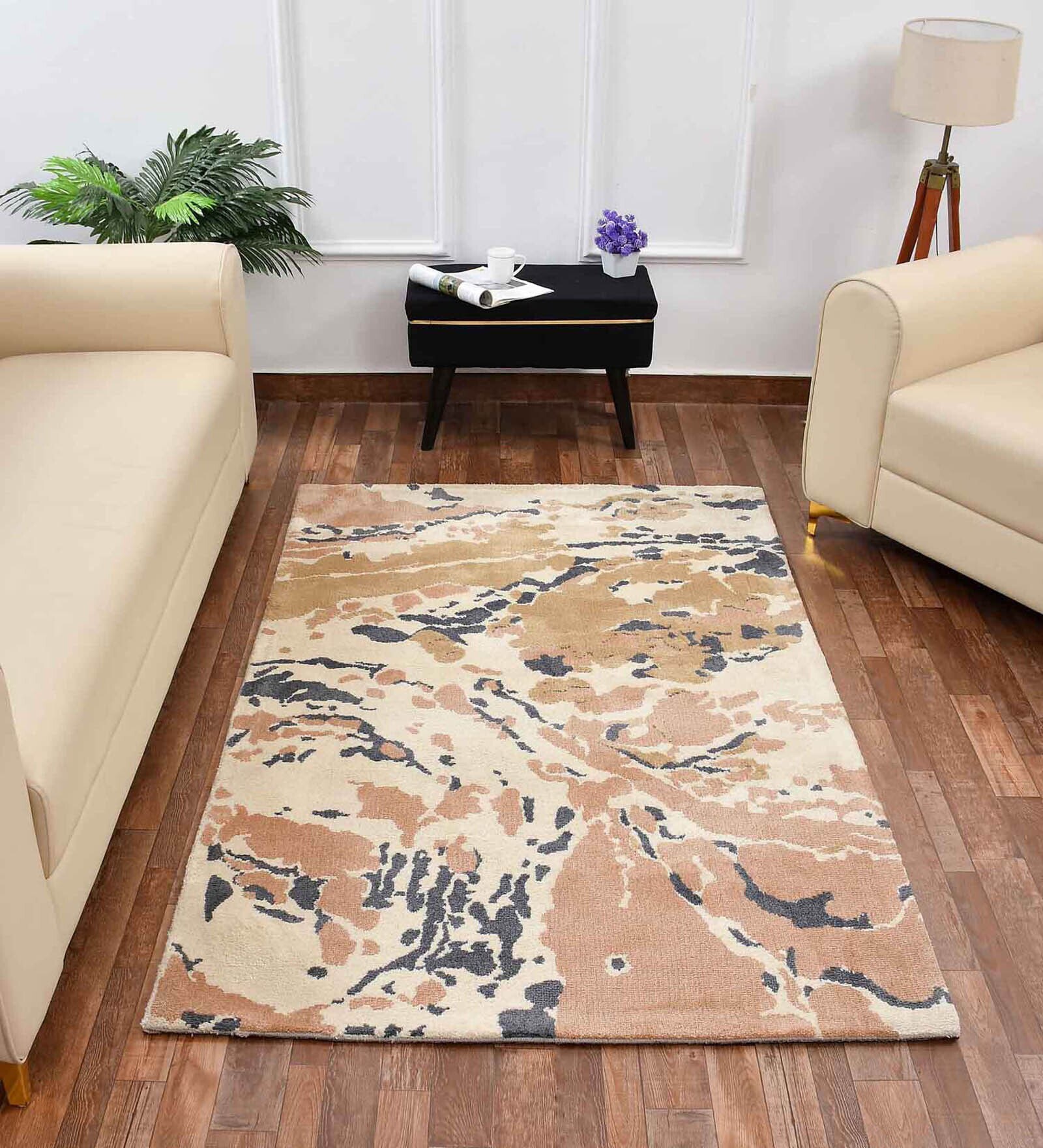Buy Beige Abstract Polyester 5 x 7 Feet Machine Made Carpet by PRESTO ...