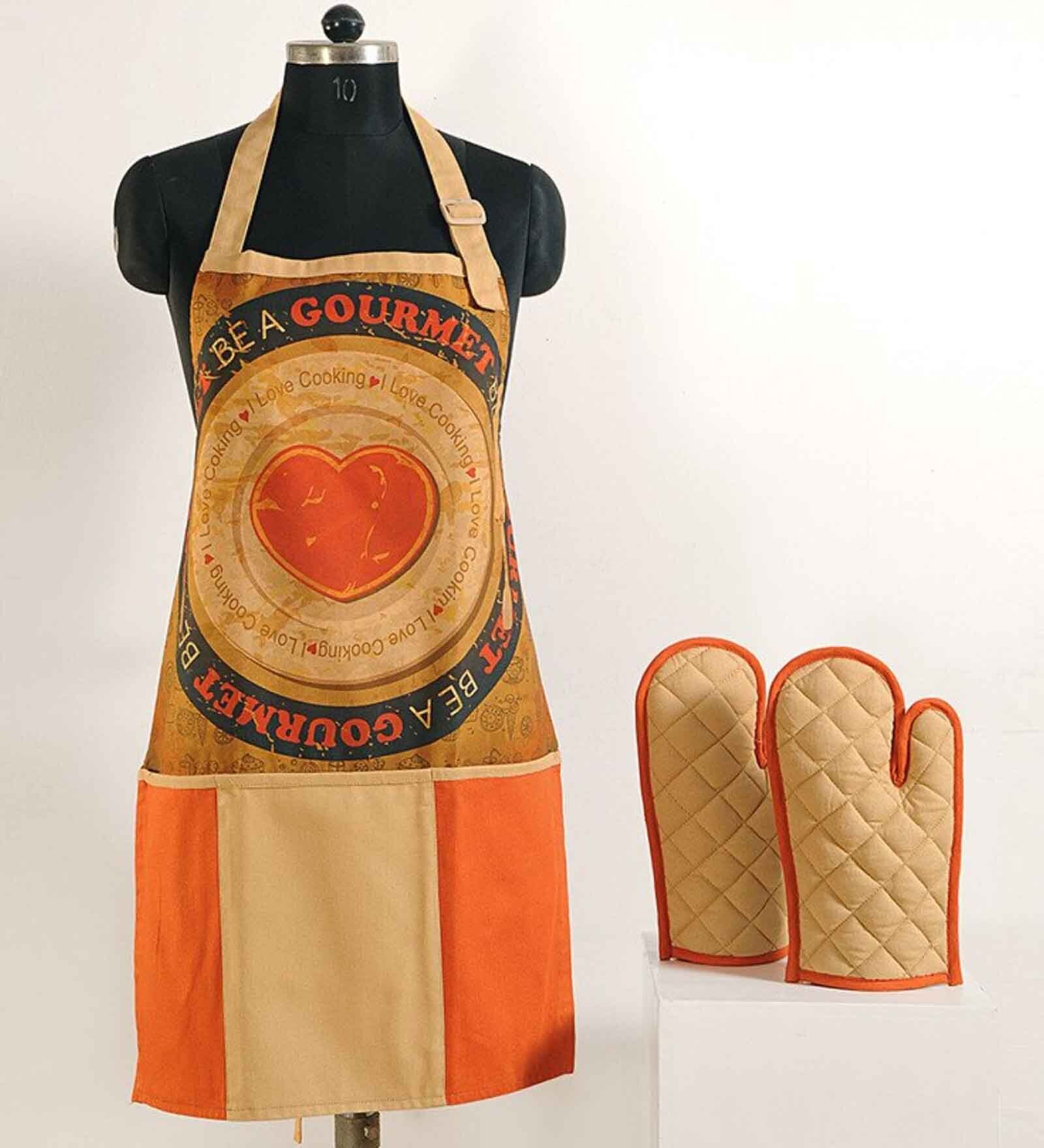 Buy Buy 1 Beige & Orange Cotton Apron and Get Mitten (Gloves) Set Free ...