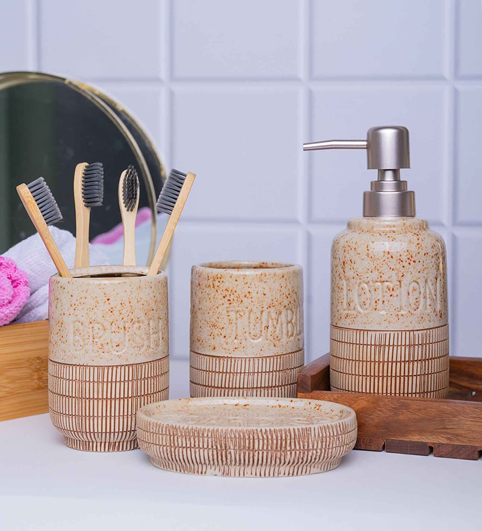 Buy Beige Ceramic Pack of 4:Soap Dispenser,Tooth Brush Holder,Tumbler ...