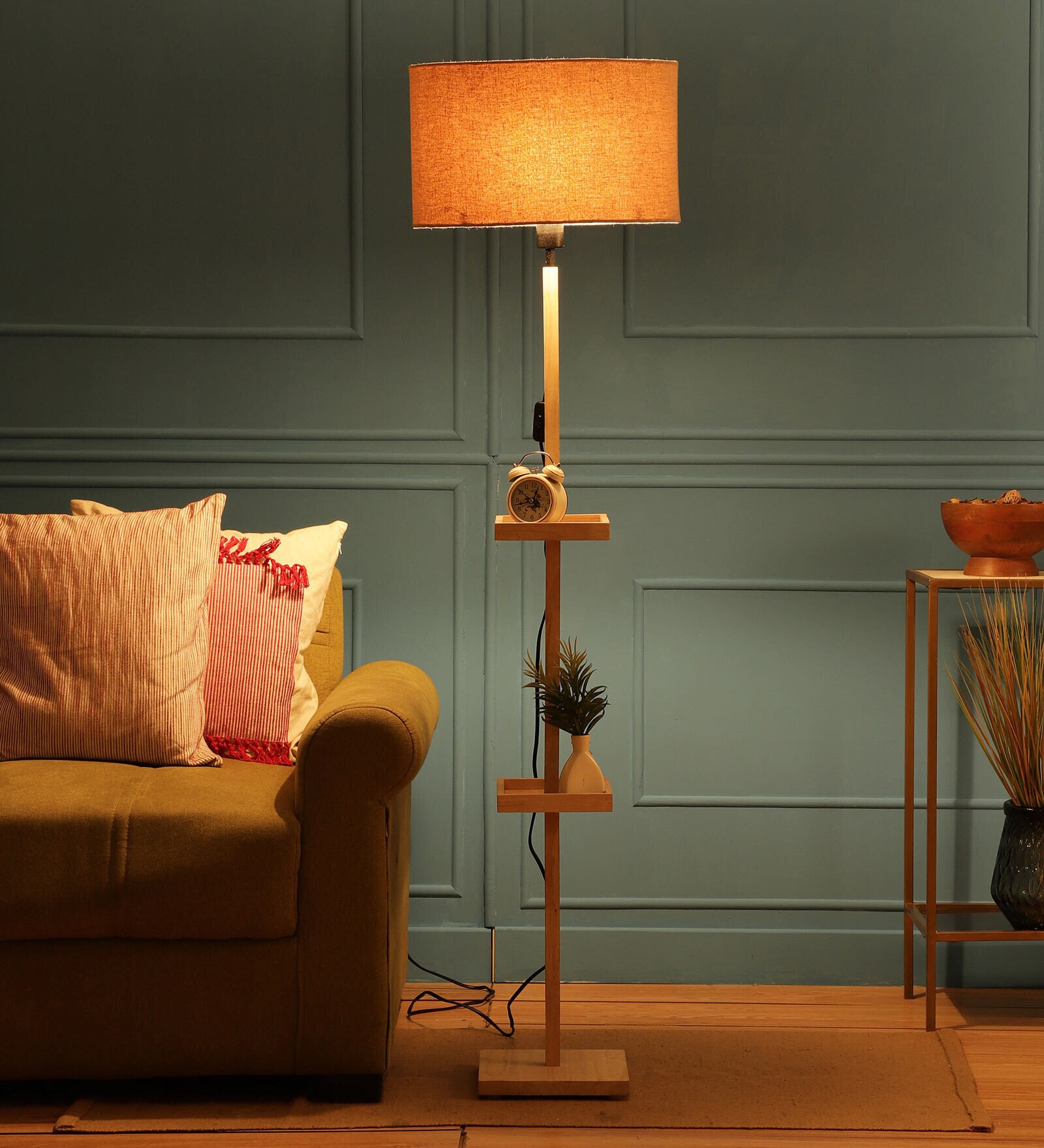 Buy Dynamic Beige Fabric Shade Shelf Floor Lamp With Wood Base at 32% ...