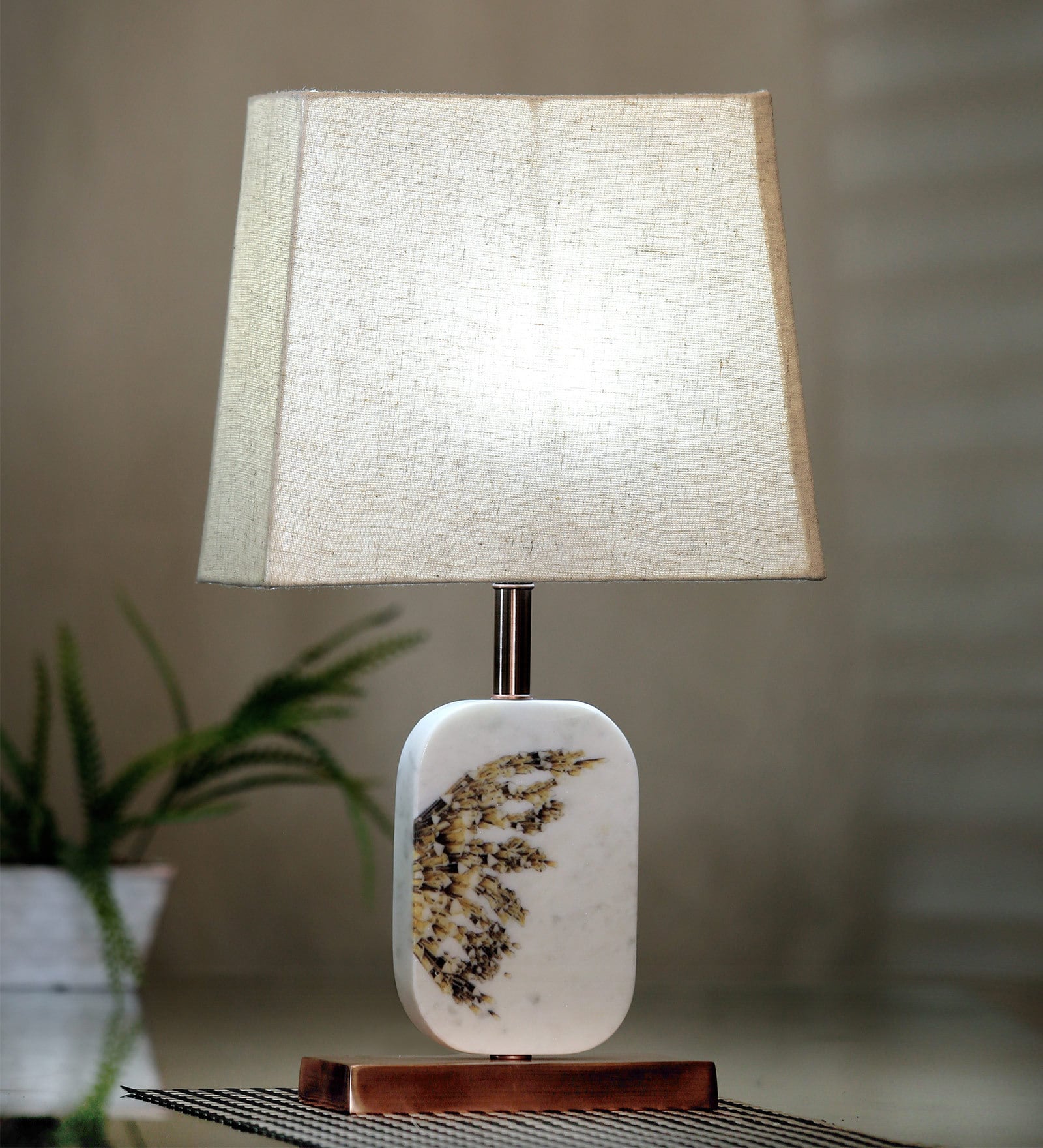Buy Beige Fabric Shade Marble Table LED Lamp With Antique Copper Base ...