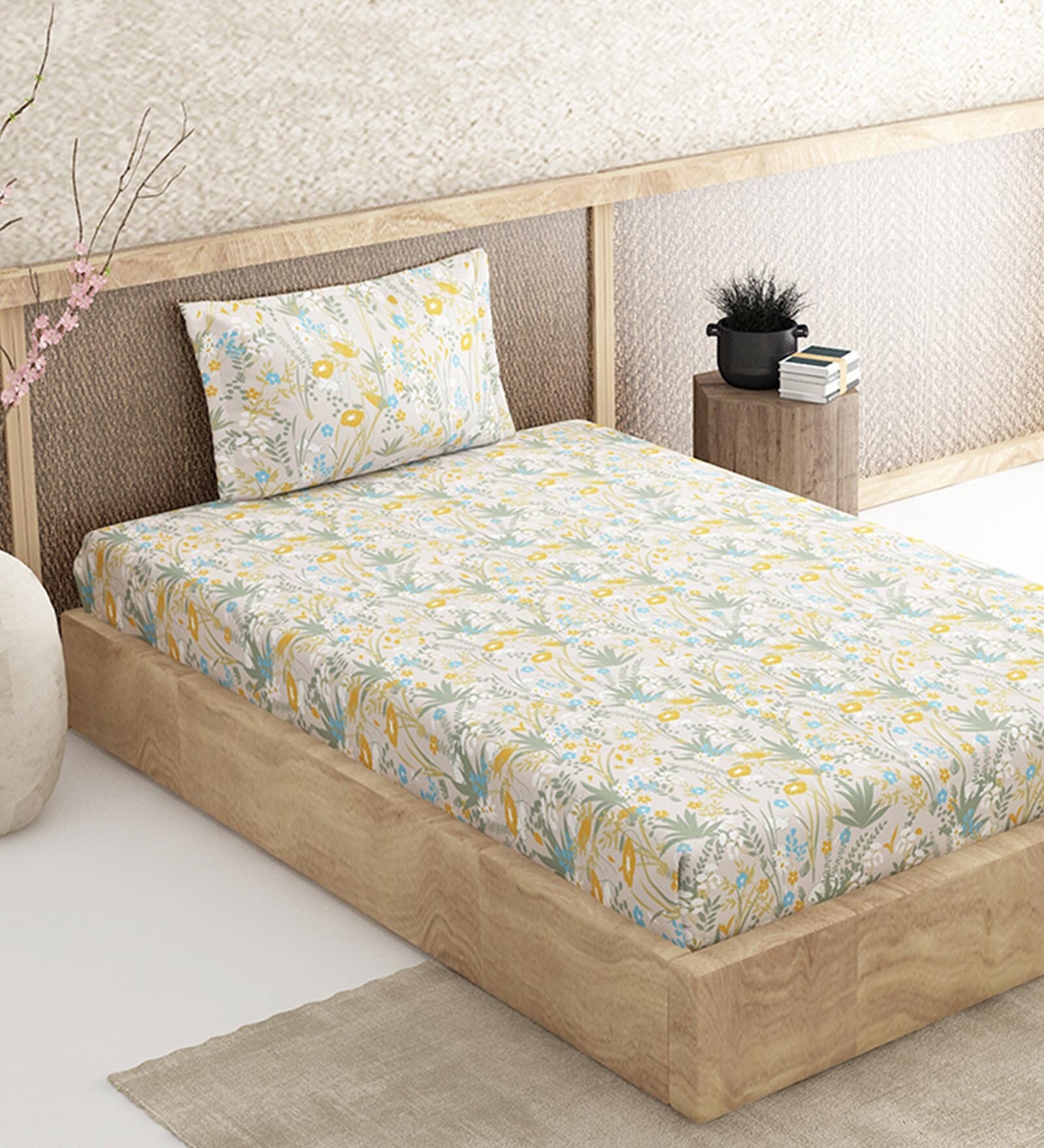 Buy Beige Floral 120 TC 100% Cotton Single Bed Sized Bed Sheets With 1 ...