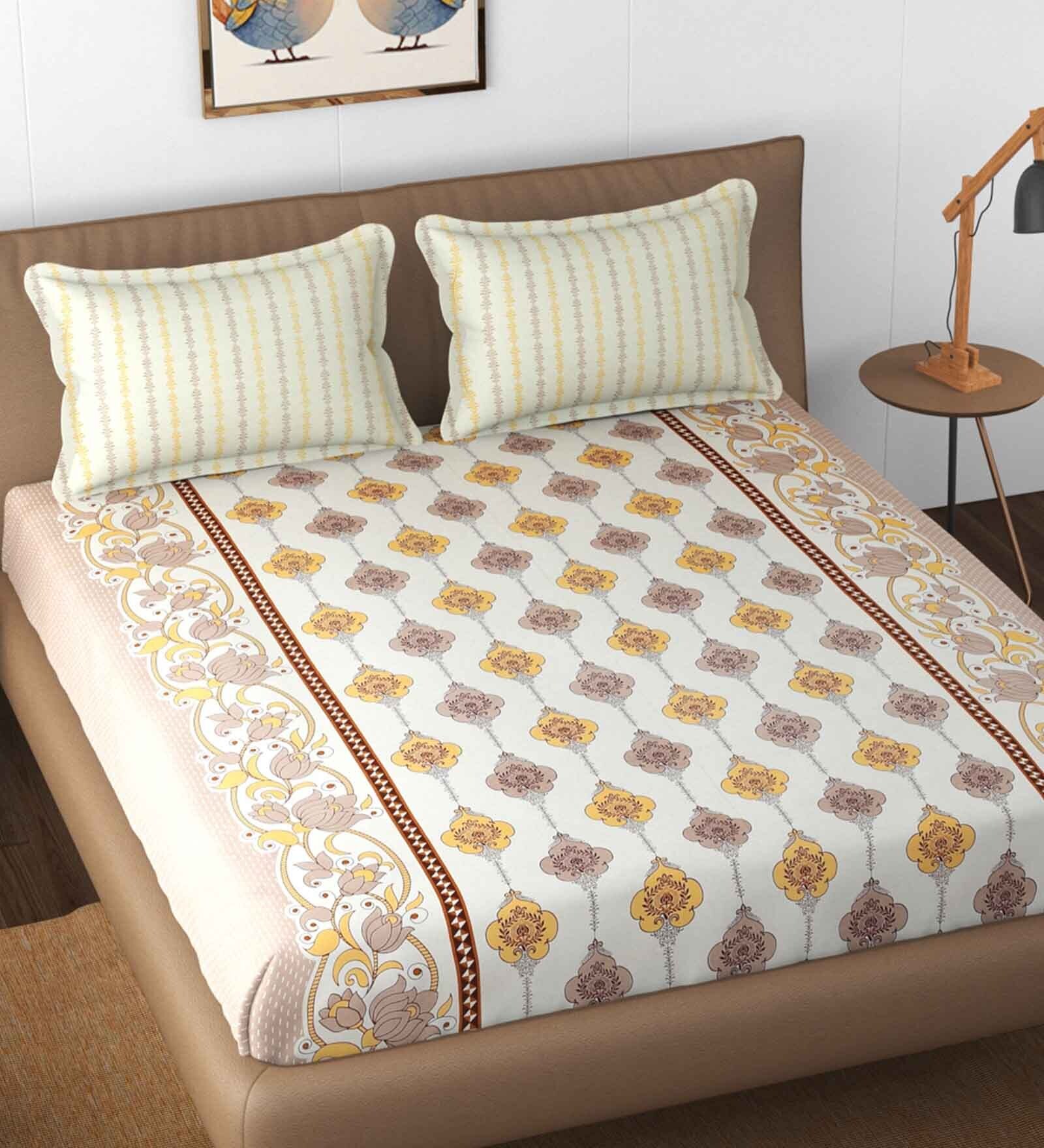 Buy Beige Floral 210 TC Cotton King Sized Fitted Bed Sheets with 2 ...