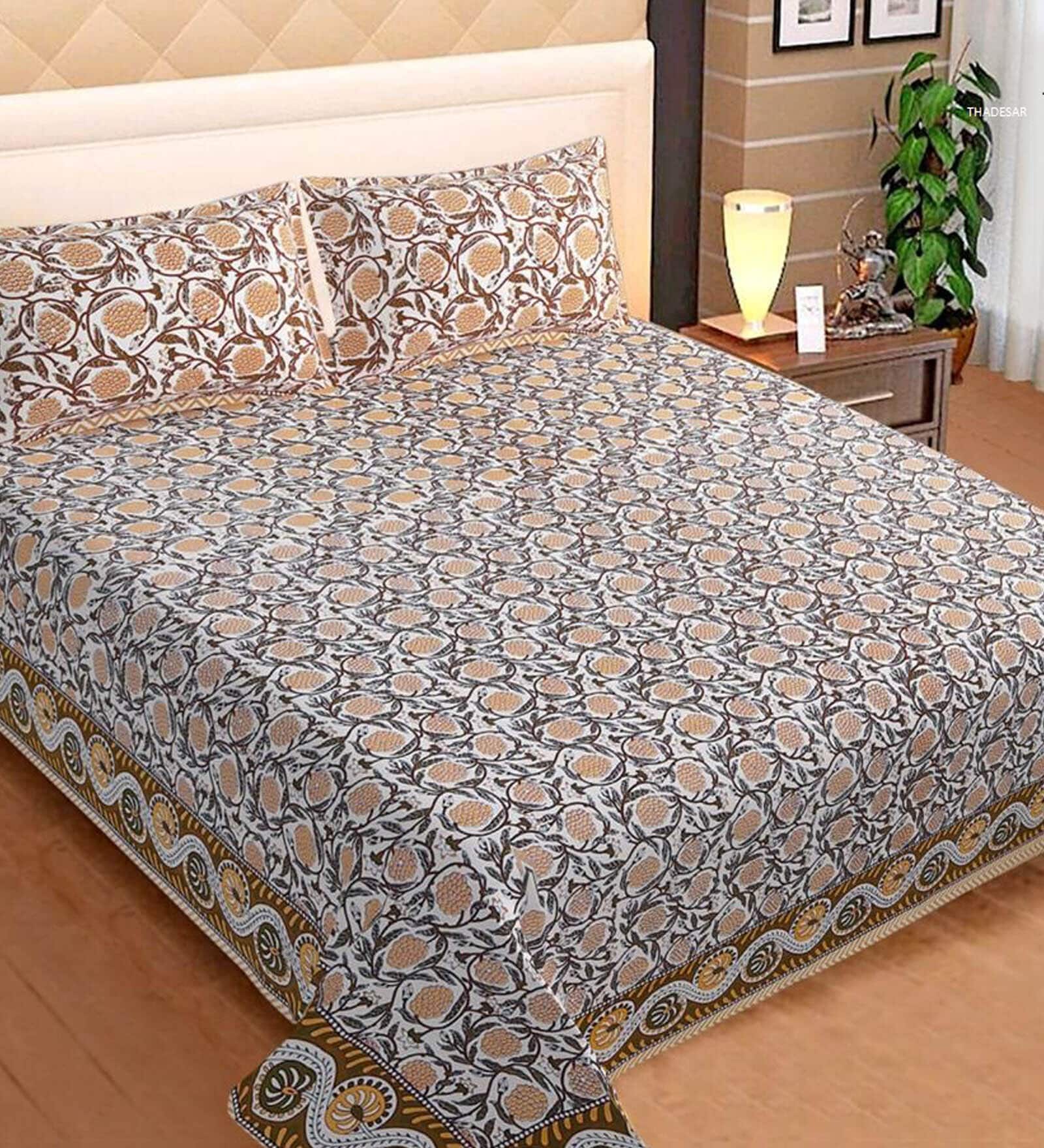 Buy Beige Floral 250 TC Cotton Queen Sized Bed Sheets with 2 Pillow ...