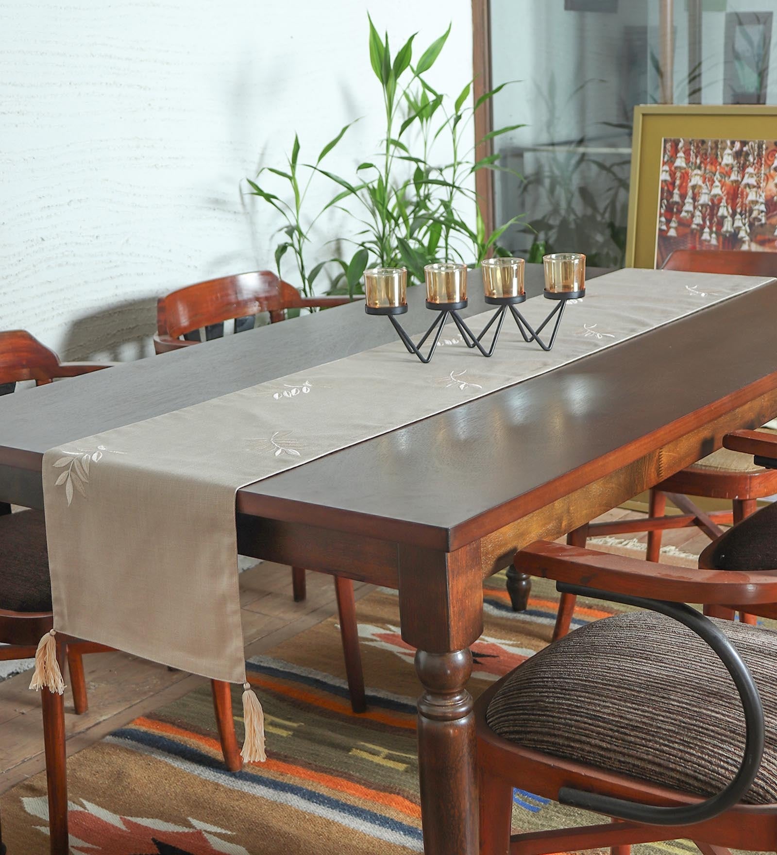 Buy Beige Floral Leaves Embroidered with Tassels Polyster Blend (12 x84 ...