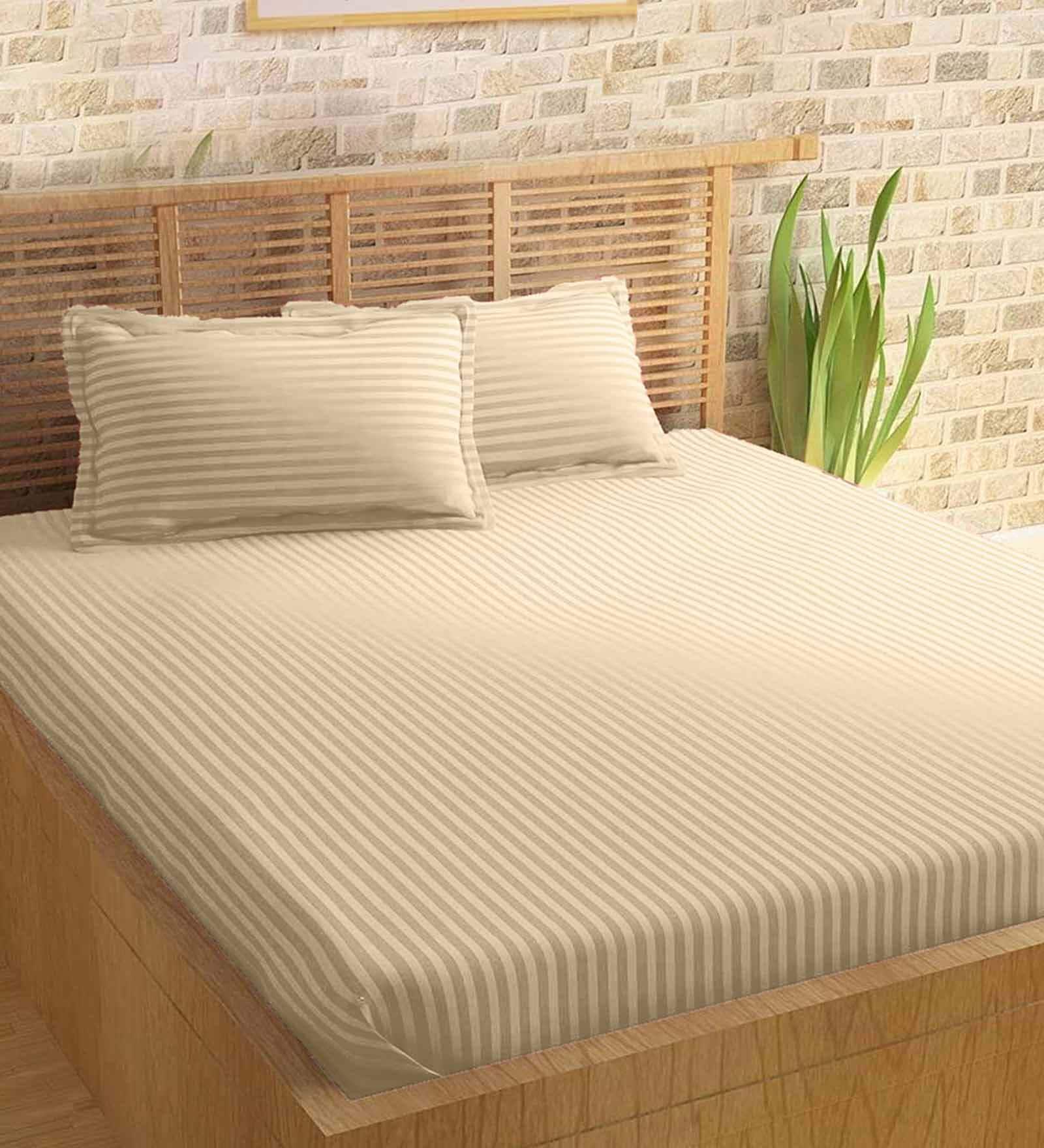 Buy Beige Striped 210 TC 100% Cotton King Sized Bed Sheets with 2 ...