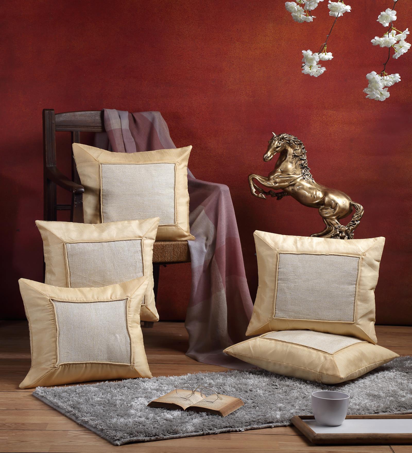 Buy Beige Geometric Polyester Cushions & Pillows Cover (Set of 5) By ...