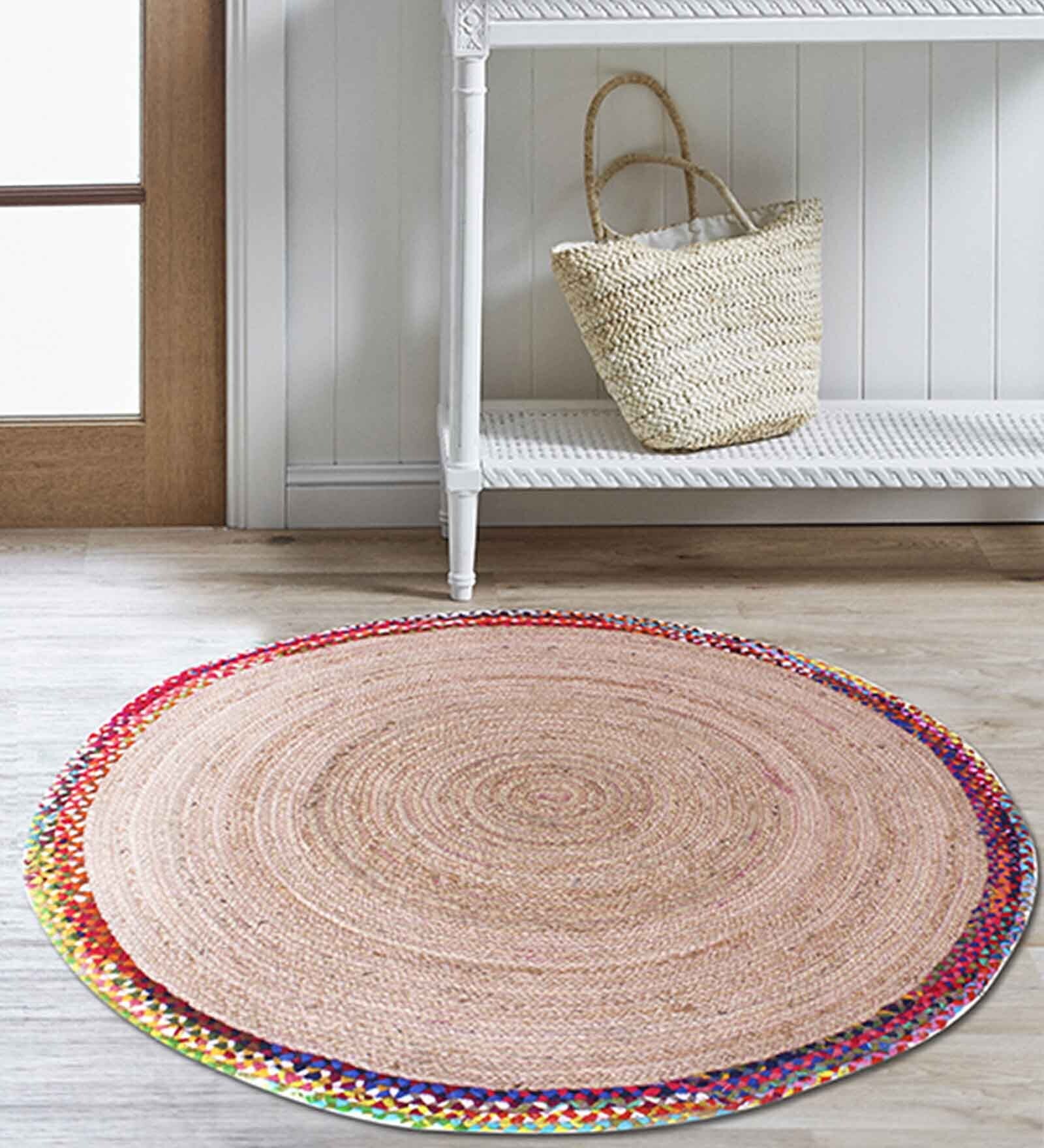Buy Beige Geometric Hemp 6.5 ft x 6.5 ft Flat Weave Round Carpet by The ...