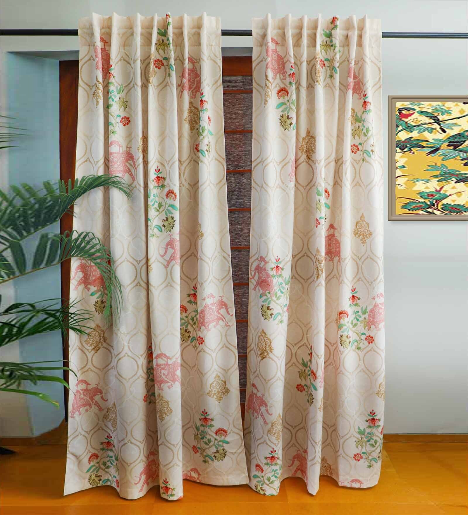 Buy Beige Polycanvas Floral 7ft Blackout Fabric Loops (Pack of 2) Door ...