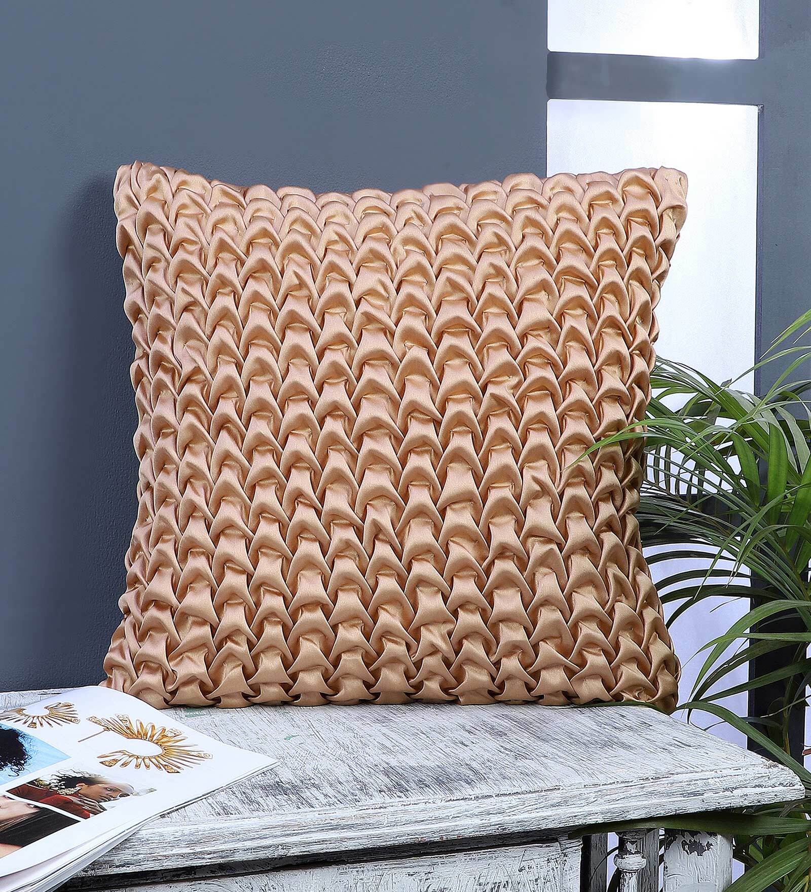 Buy Beige Textured Polyester 16 x 16 Inches Cushion Cover by MnD Villa ...